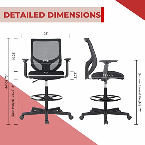 Drafting Chair, Tall Office Chair for Standing Desk, Tall Desk Chair with Adjustable Foot Ring and Armrests, Ergonomic Computer Mesh Chair with Lumbar Support and Adjustable Height,Black