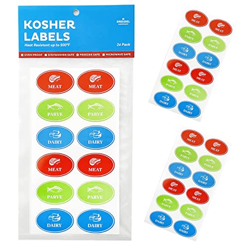 The Dreidel Company 24 Assorted Kosher Labels, 8 Blue Dairy, 8 Red Meat, 8 Green Stickers, Oven Proof up to 500°, Freezable, Microwavable, Dishwasher, English, Coded Kosher Kitchen Tools (24-Pack)