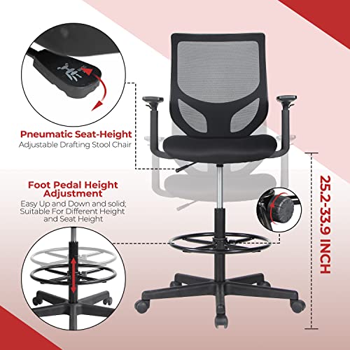 Drafting Chair, Tall Office Chair for Standing Desk, Tall Desk Chair with Adjustable Foot Ring and Armrests, Ergonomic Computer Mesh Chair with Lumbar Support and Adjustable Height,Black