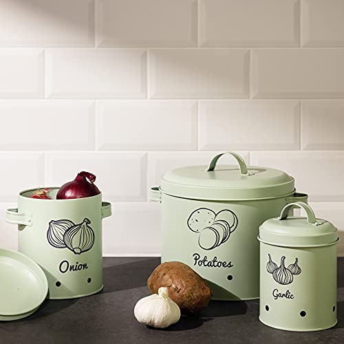 Navaris Potato Onion Garlic Storage Canisters (Set of 3) - Keeper Canister Tin Containers for Potatoes, Onions and Garlic - Vintage Look - Mint Green