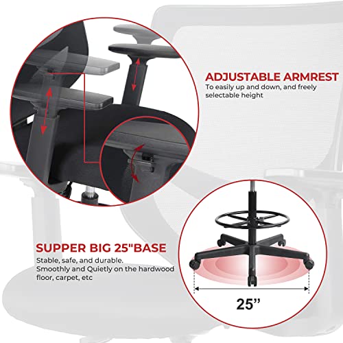 Drafting Chair, Tall Office Chair for Standing Desk, Tall Desk Chair with Adjustable Foot Ring and Armrests, Ergonomic Computer Mesh Chair with Lumbar Support and Adjustable Height,Black