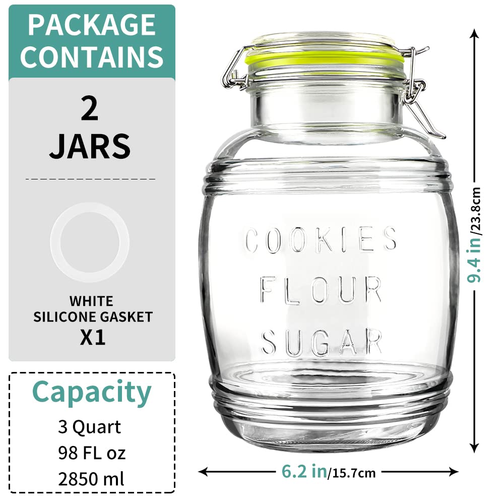 Qianfenie 98 oz Glass Jars with Lids - Glass Storage Jars, 3 Quarts Barrel Jars with Airtight Lids for Kitchen Canisters, 2 Pack