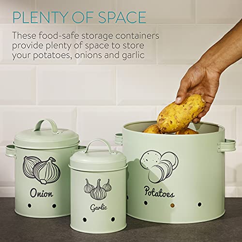 Navaris Potato Onion Garlic Storage Canisters (Set of 3) - Keeper Canister Tin Containers for Potatoes, Onions and Garlic - Vintage Look - Mint Green