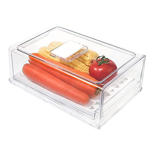 elabo Stackable Refrigerator Organizer Drawers with Removable Drain Tray, Fridge Organizer Bins, Pull Out Food Storage Container Bins with Drawer for Freezer and Kitchen, BPA-Free, Clear