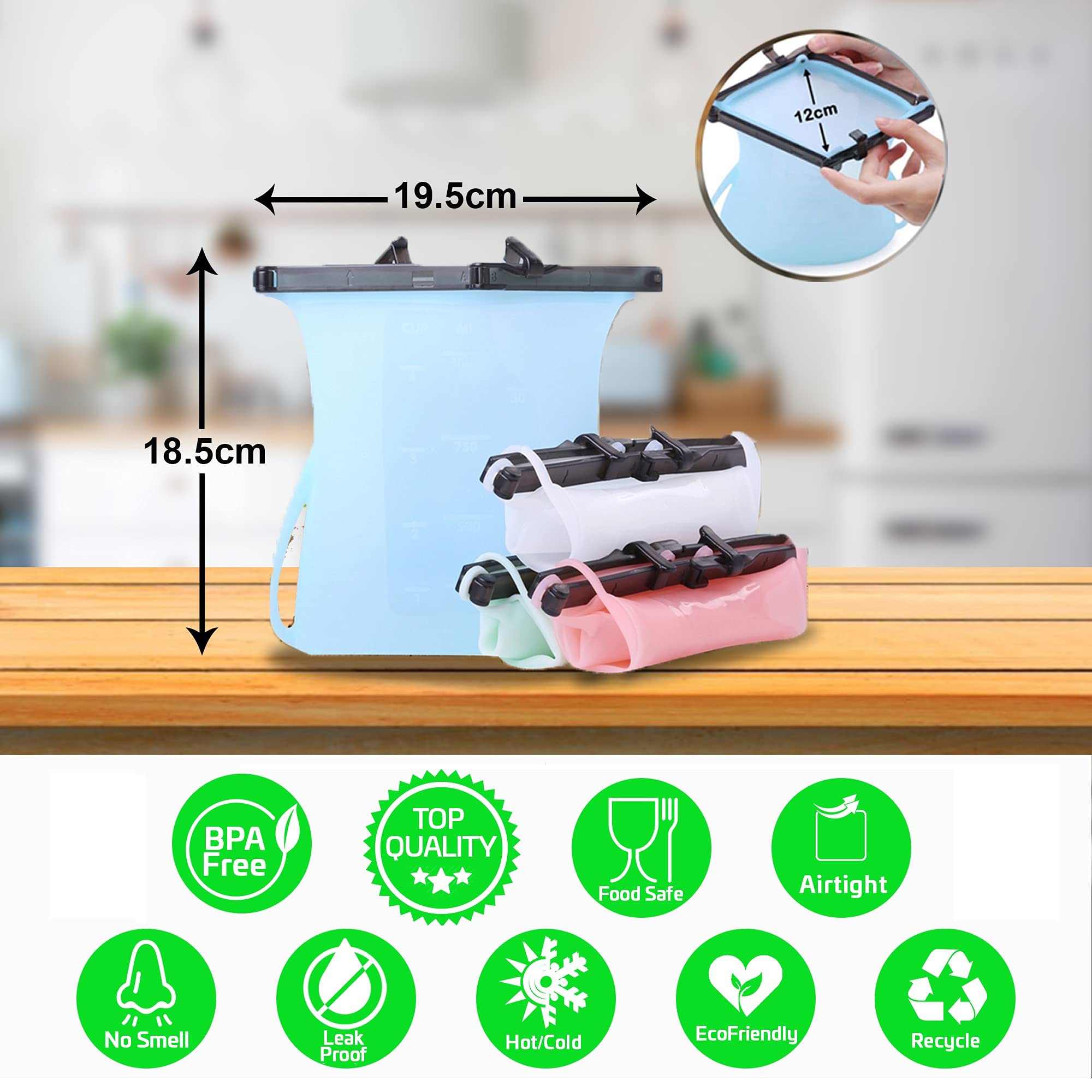 Reusable Silicone Food Bag Odorless Dishwasher Safe No Pop Open Leakproof Snack Bags Stand-Up Easy Dry Flat Bottom Freezer Food Storage Bag Best Ziplock Bags Alternative For Meats, Marinates