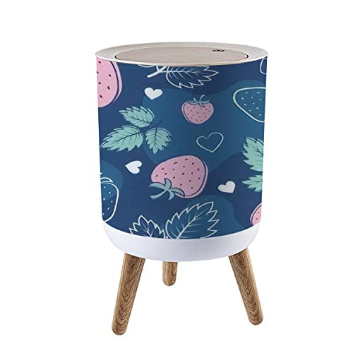 Small Trash Can with Lid Hand Drawn Strawberry Seamless Cartoon Fresh Berry with Hearts Pink Wood Legs Press Cover Garbage Bin Round Waste Bin Wastebasket for Kitchen Bathroom Office 7L/1.8 Gallon