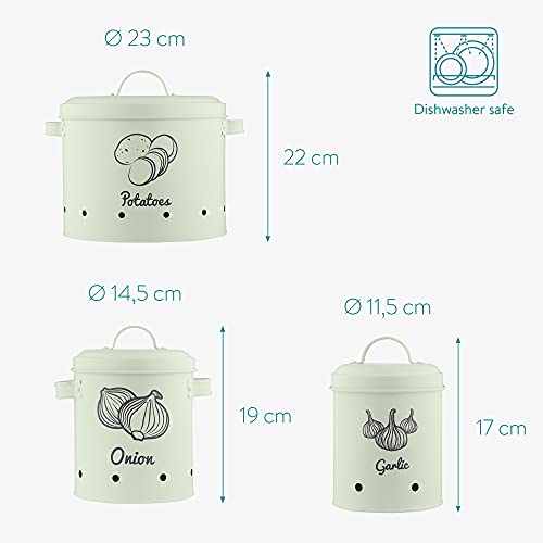 Navaris Potato Onion Garlic Storage Canisters (Set of 3) - Keeper Canister Tin Containers for Potatoes, Onions and Garlic - Vintage Look - Mint Green