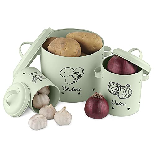 Navaris Potato Onion Garlic Storage Canisters (Set of 3) - Keeper Canister Tin Containers for Potatoes, Onions and Garlic - Vintage Look - Mint Green