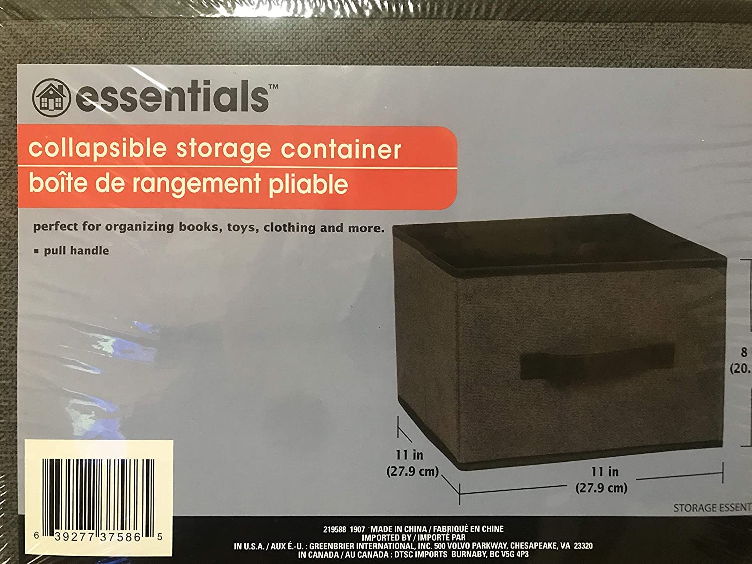 ESSENTIALS Collapsible Storage Container with Handles (11"x11"x8") - Gray