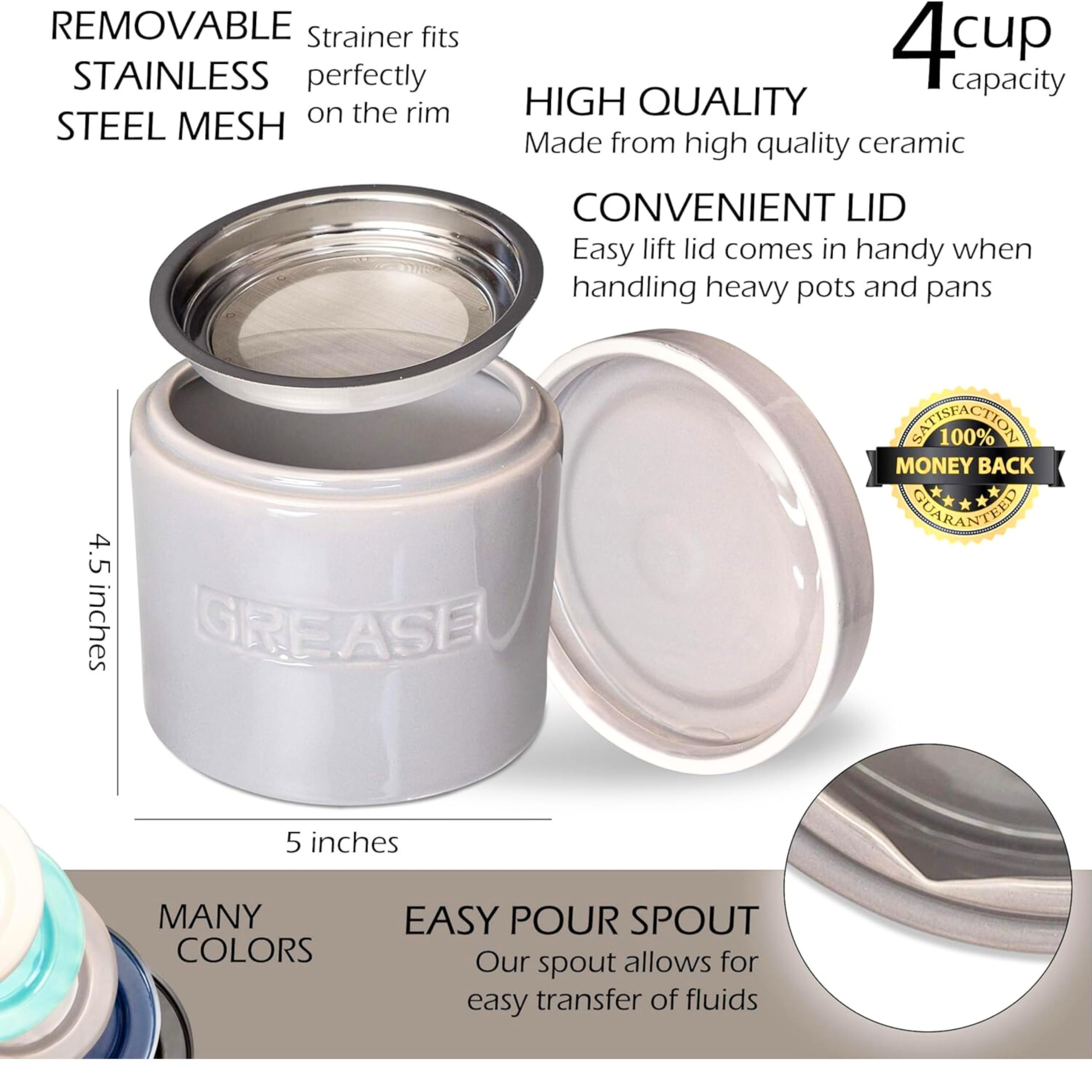 CYPRESS SUNRISE Bacon Grease Saver with Strainer - 32oz Ceramic Container for Kitchen Holds Bacon Fat Drippings Oil for Reuse - Keeper Can Hold Cooking Frying Oil - Dishwasher Safe