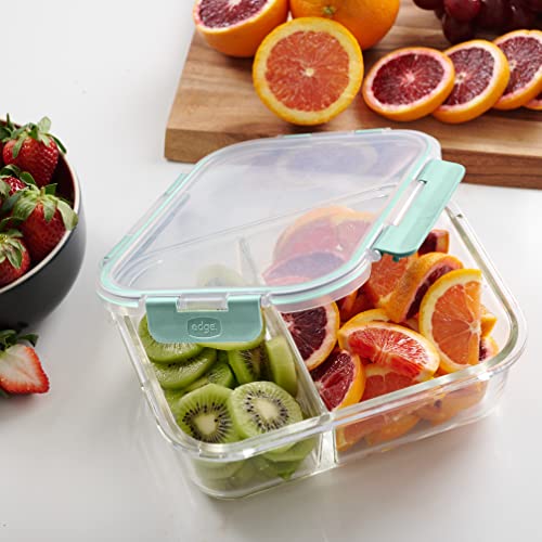 edge 2 Section Airtight Rectangle Glass Food Locktop Container (1500ML) 2 Pack, Mint