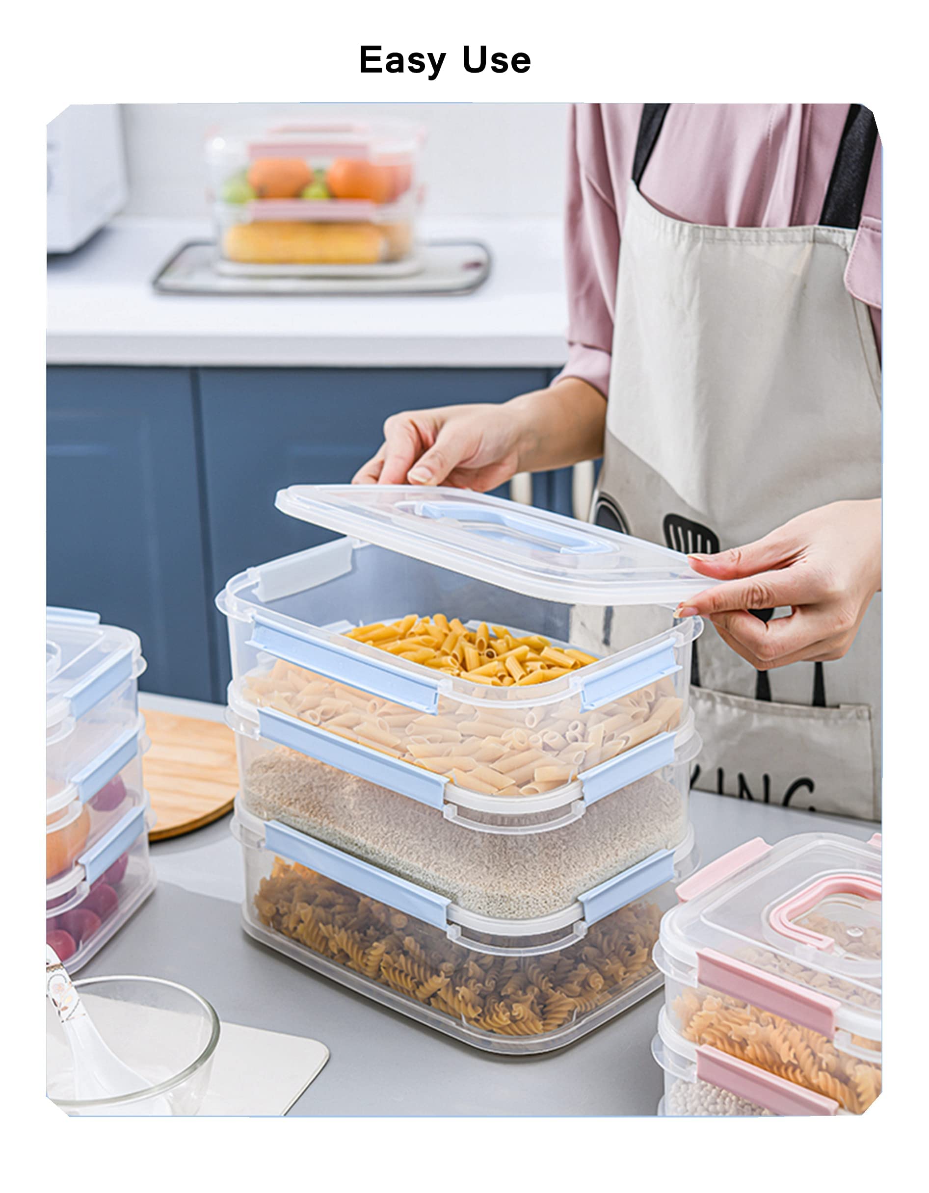 TIAN CHEN Airtight Food Storage Containers, Stackable Cookie Carriers with Handle, Leak Proof Leftover Bin, Medium BPA Free Plastic(Light Blue rectangle)