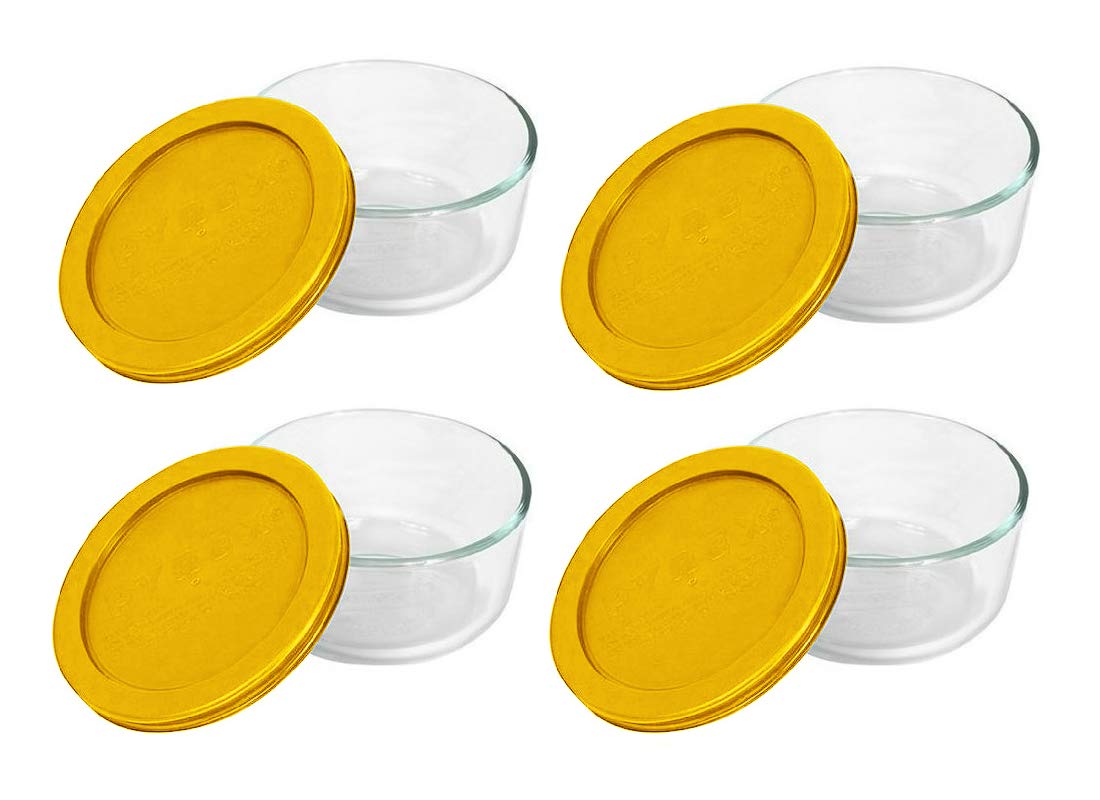Pyrex Storage Plus 2-Cup Round Glass Food Storage Dish, Yellow Cover (4 Pack) Made in the USA