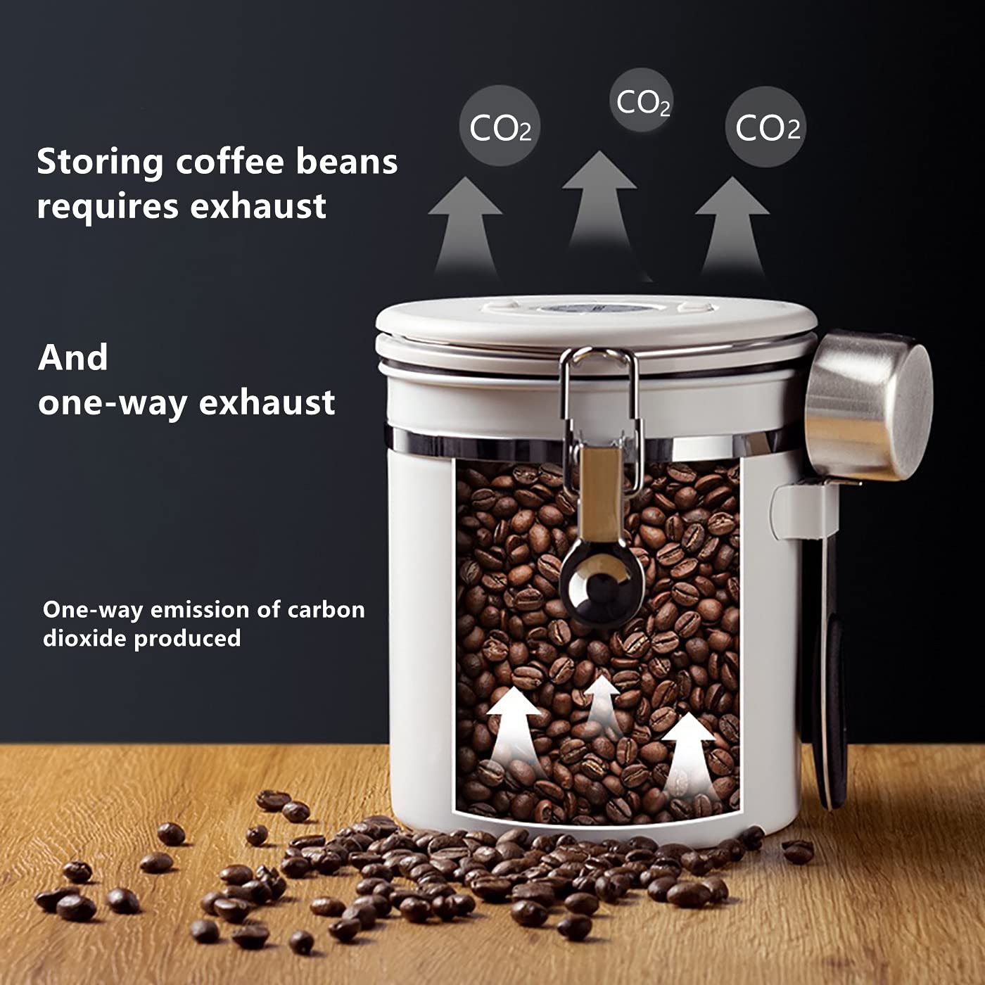 Charwin Airtight Coffee Canister, Stainless Steel Coffee Container CO2 Valve Vacuum Coffee Bean Storage, 500g/17.6 oz/1.5L with Measure Spoon for Coffee, Tea, Nuts and Powders Creamy White