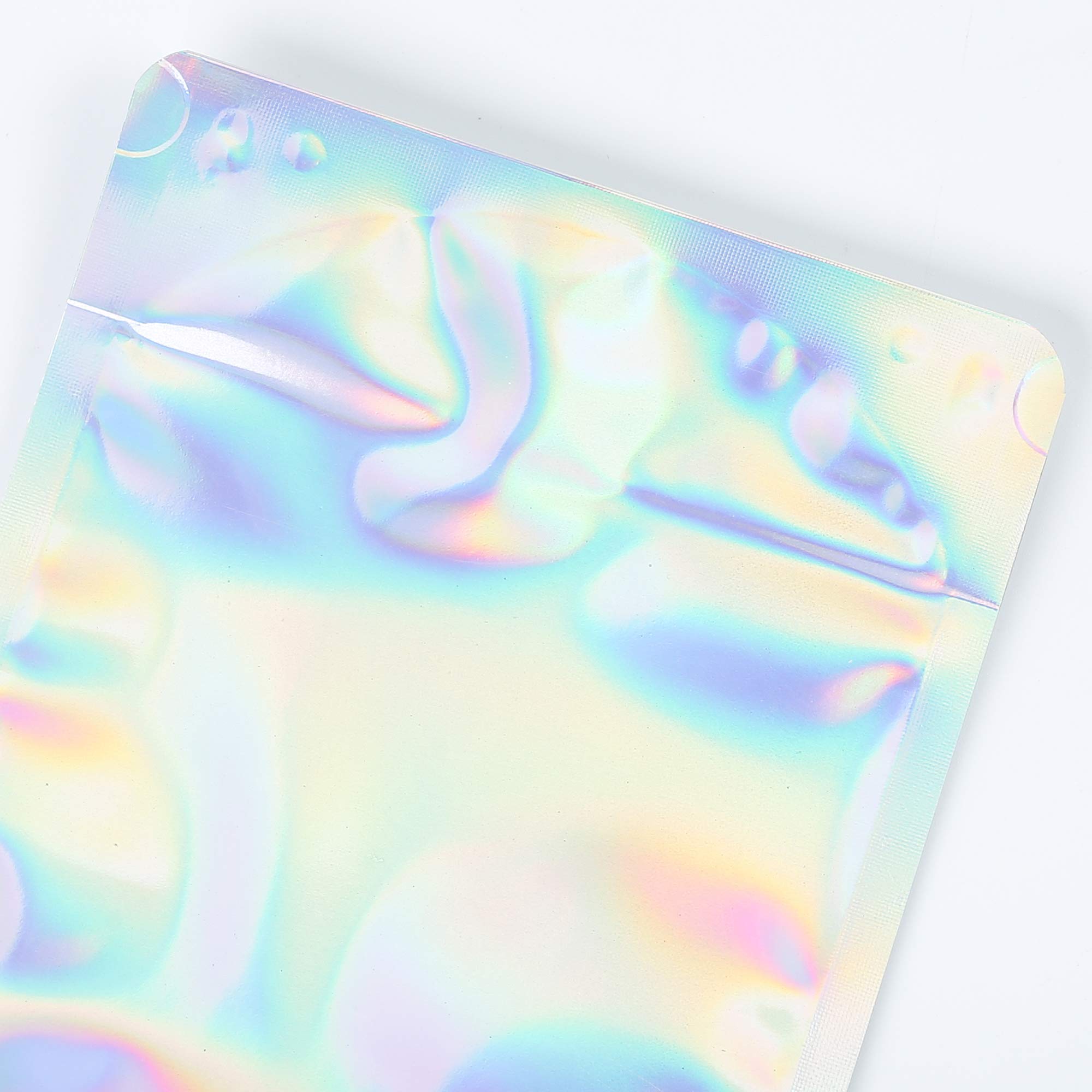 QQ Studio Pack of 100 Windowed or Double Sided Holographic Stand Up Packaging Bags with QuickQlick™ Seal for Food and Snacks (Clear & Silver Base Hologram, 11x16cm (4.3x6.3"))