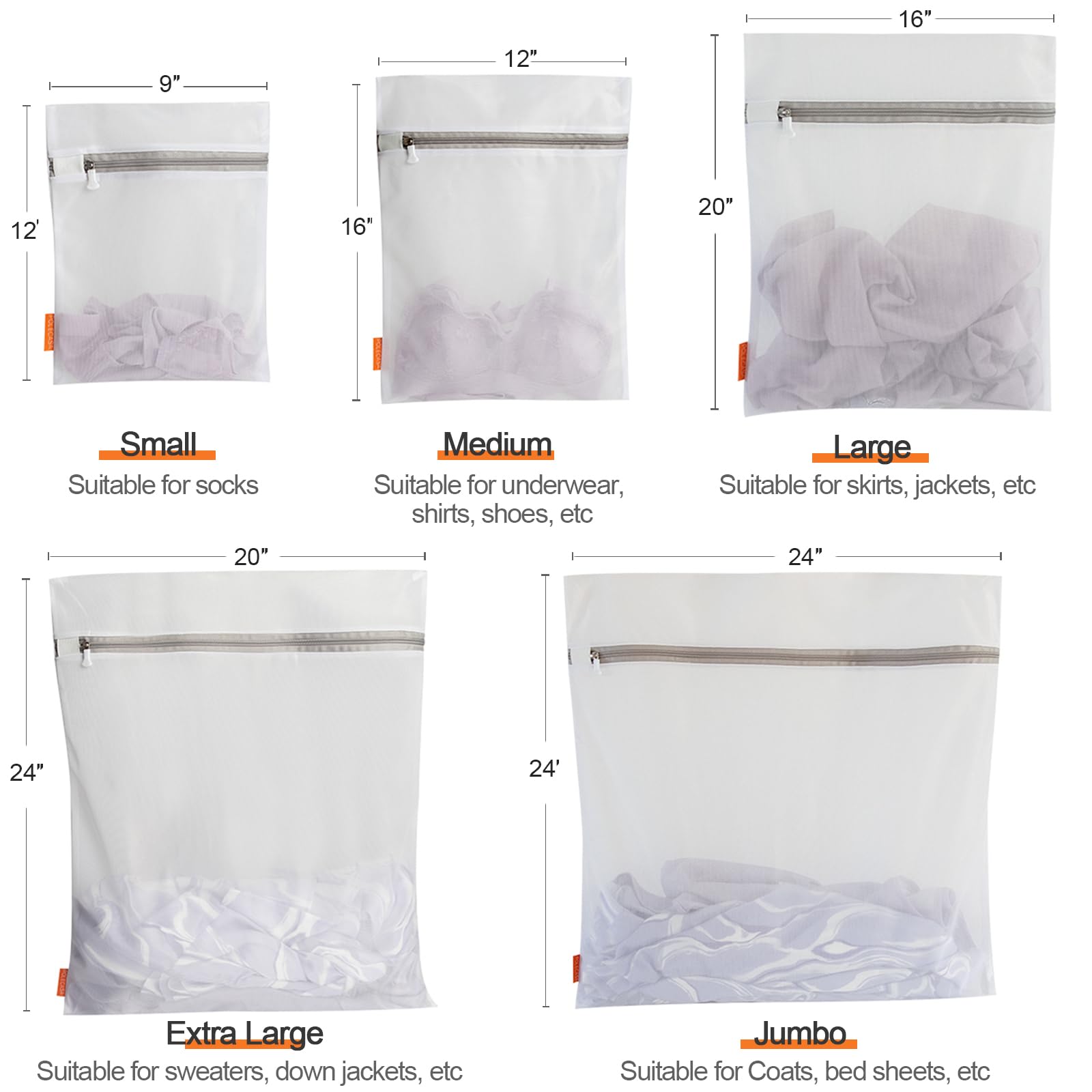 Polecasa 5 Pack Durable Fine Mesh Laundry Bags with Premium Zipper and Hanging Loop for Lingerie and Delicates, 1 XXL, 1 XL, 1 Large, 1 Medium, 1 Small