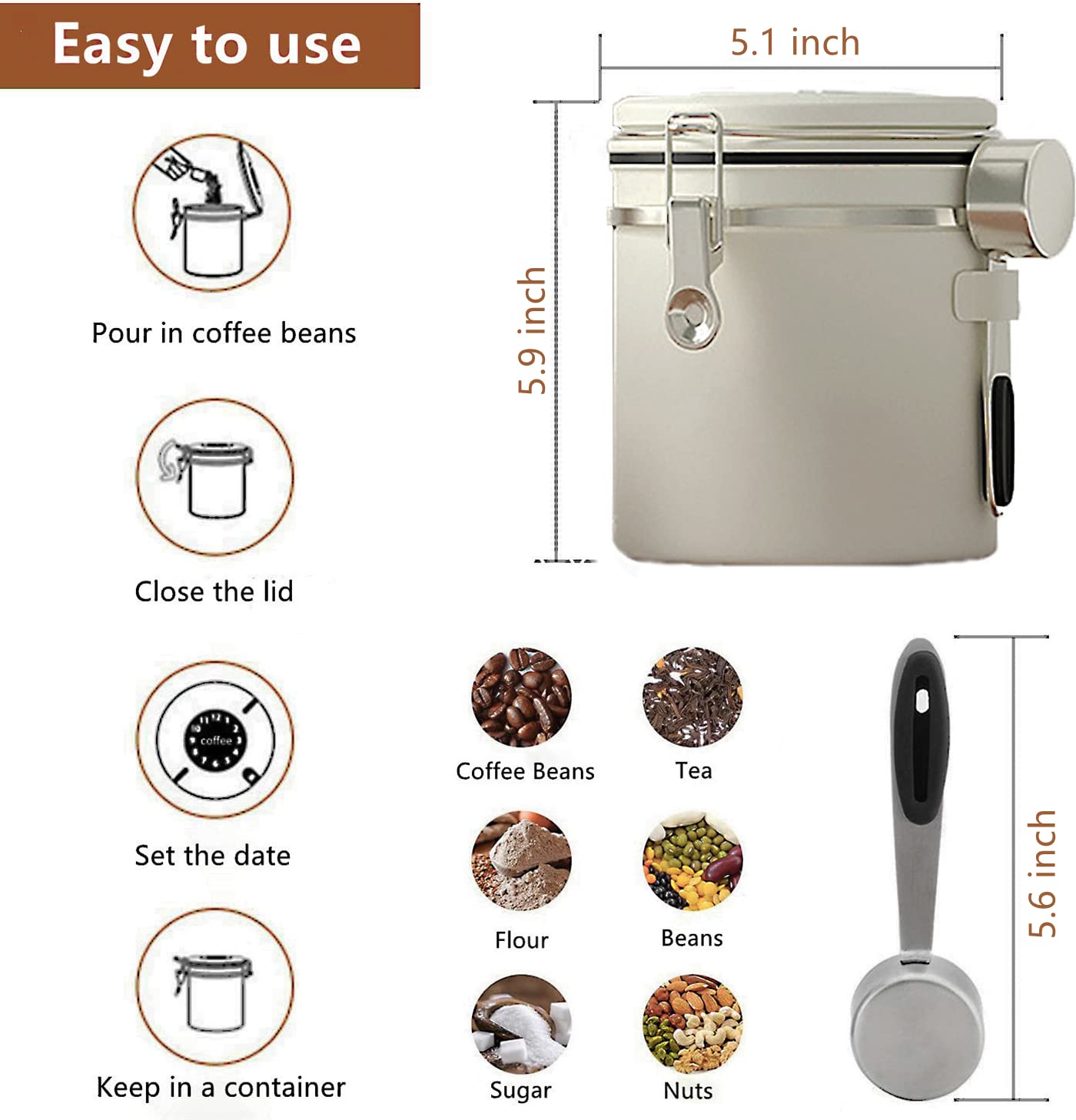 Charwin Airtight Coffee Canister, Stainless Steel Coffee Container CO2 Valve Vacuum Coffee Bean Storage, 500g/17.6 oz/1.5L with Measure Spoon for Coffee, Tea, Nuts and Powders Creamy White