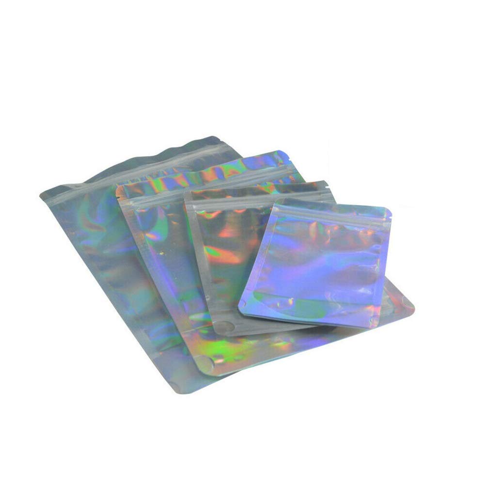 100Pcs Stand Up Holographic Reclosable Zip Lock Bags Heat Sealable Aluminum Foil Plastic Pouch Food Storage Coffee Snack Bag Colored Retail Sample Bag Silver 5.5×7.9in (14×20cm)