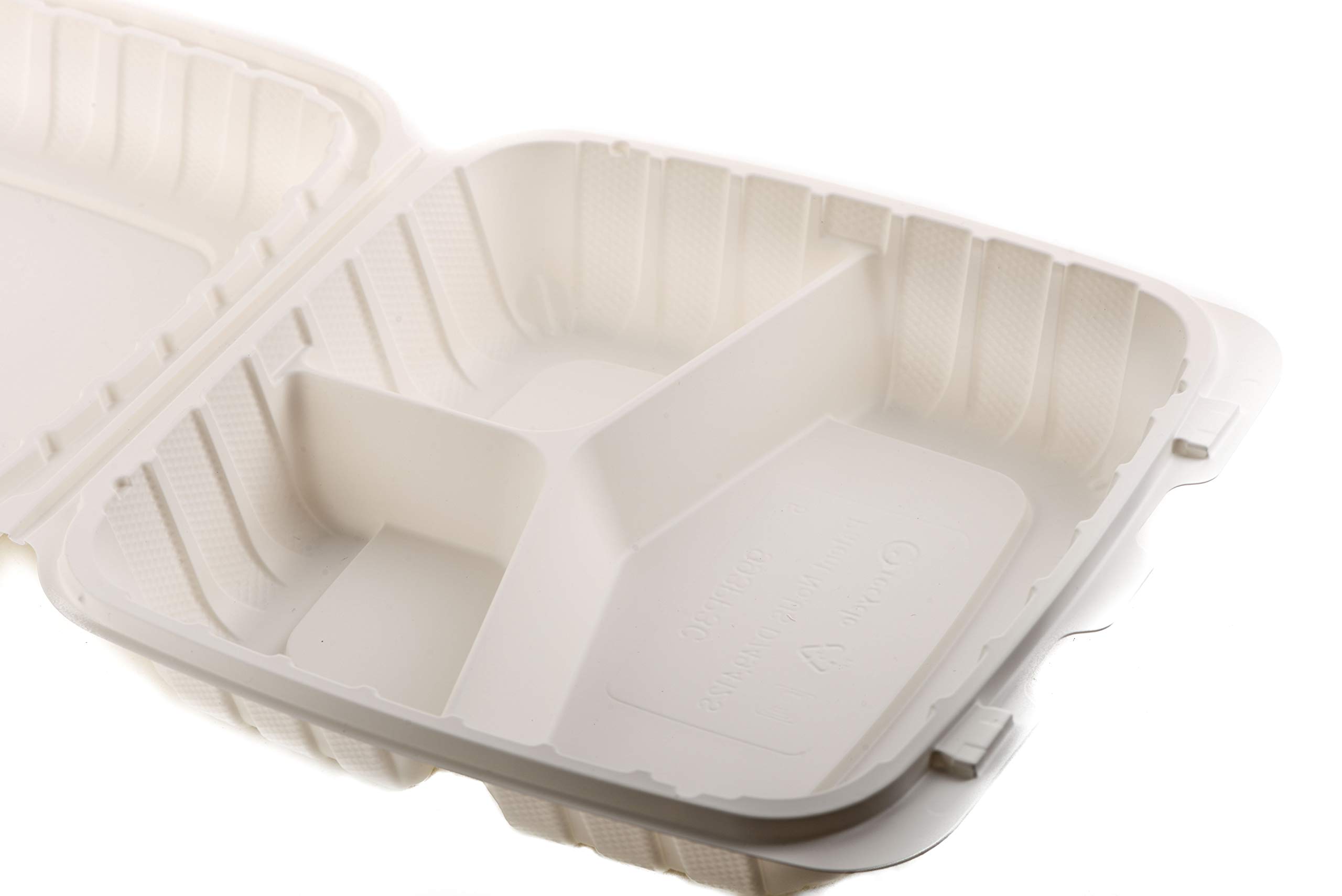 [50 Pack] 9 inch 3 Compartment Clam Shell Take Out Food Container - Mineral Filled Polypropylene, Tree Free - Microwavable, Bidodegradable, Recyclable, Heavy Duty, MFFP (9 inches)