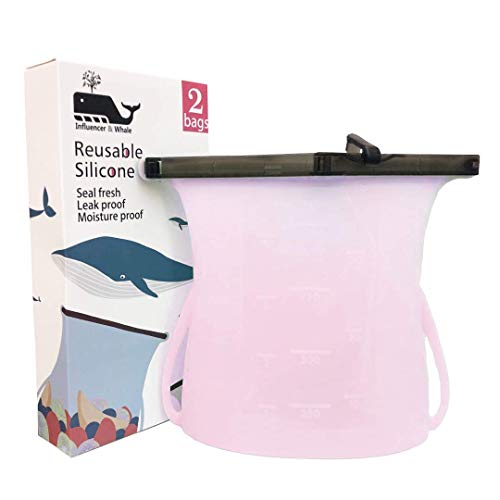 Reusable Silicone Bag, Food Storage, Leak-Proof, foldable, Freezer Airtight Seal 2 bags (Light Pink)