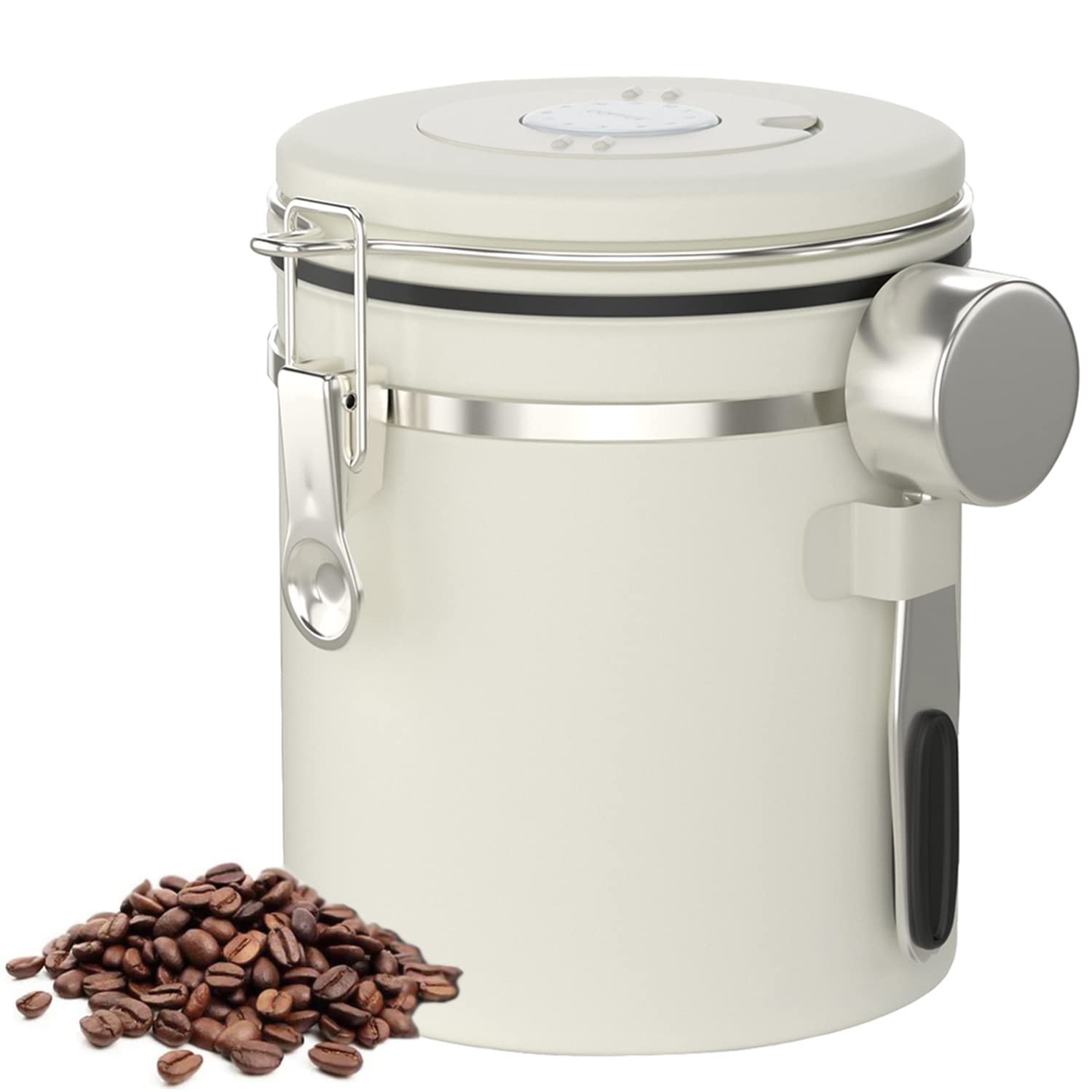 Charwin Airtight Coffee Canister, Stainless Steel Coffee Container CO2 Valve Vacuum Coffee Bean Storage, 500g/17.6 oz/1.5L with Measure Spoon for Coffee, Tea, Nuts and Powders Creamy White