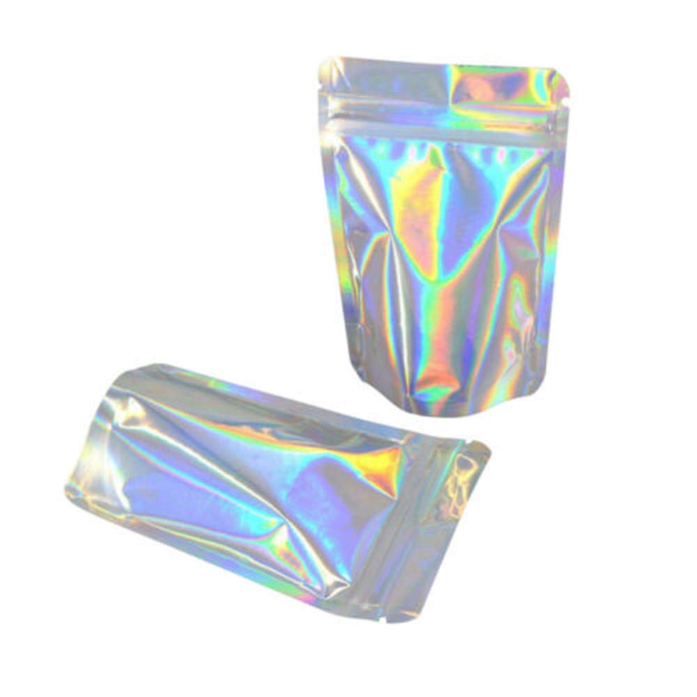 100Pcs Stand Up Holographic Reclosable Zip Lock Bags Heat Sealable Aluminum Foil Plastic Pouch Food Storage Coffee Snack Bag Colored Retail Sample Bag Silver 5.5×7.9in (14×20cm)
