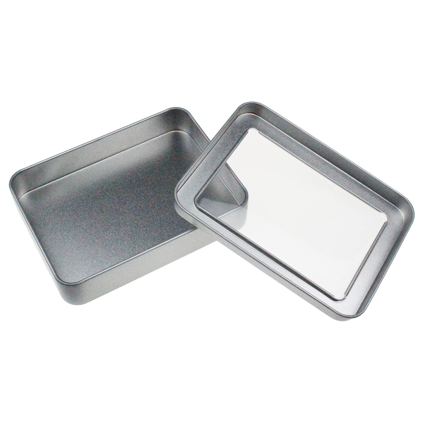 Goodma 12 Pieces Rectangular Empty Metal Tins Home Storage Containers Organizer Mini Box with Clear Window Lid, 4.5 x 3.35 x 0.87 inch (Silver)