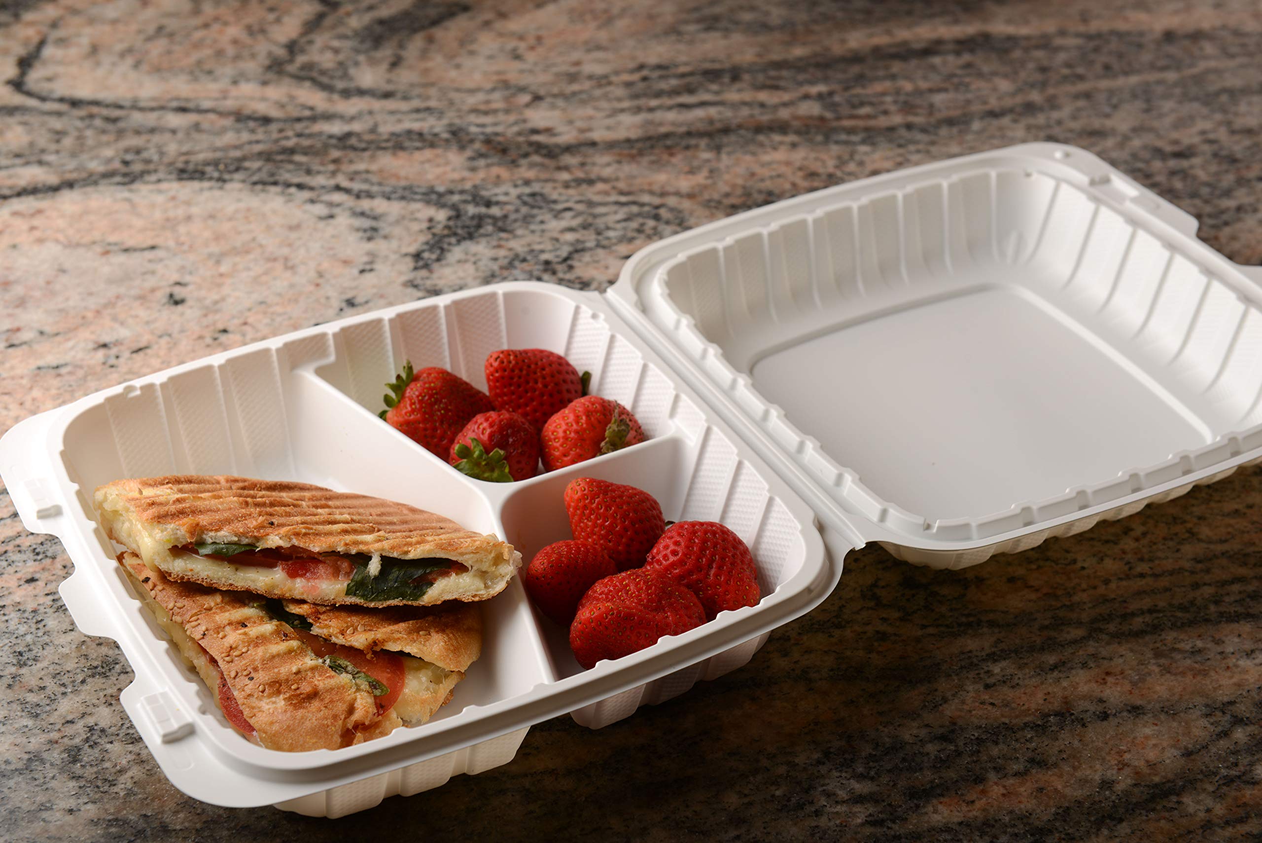 [50 Pack] 9 inch 3 Compartment Clam Shell Take Out Food Container - Mineral Filled Polypropylene, Tree Free - Microwavable, Bidodegradable, Recyclable, Heavy Duty, MFFP (9 inches)