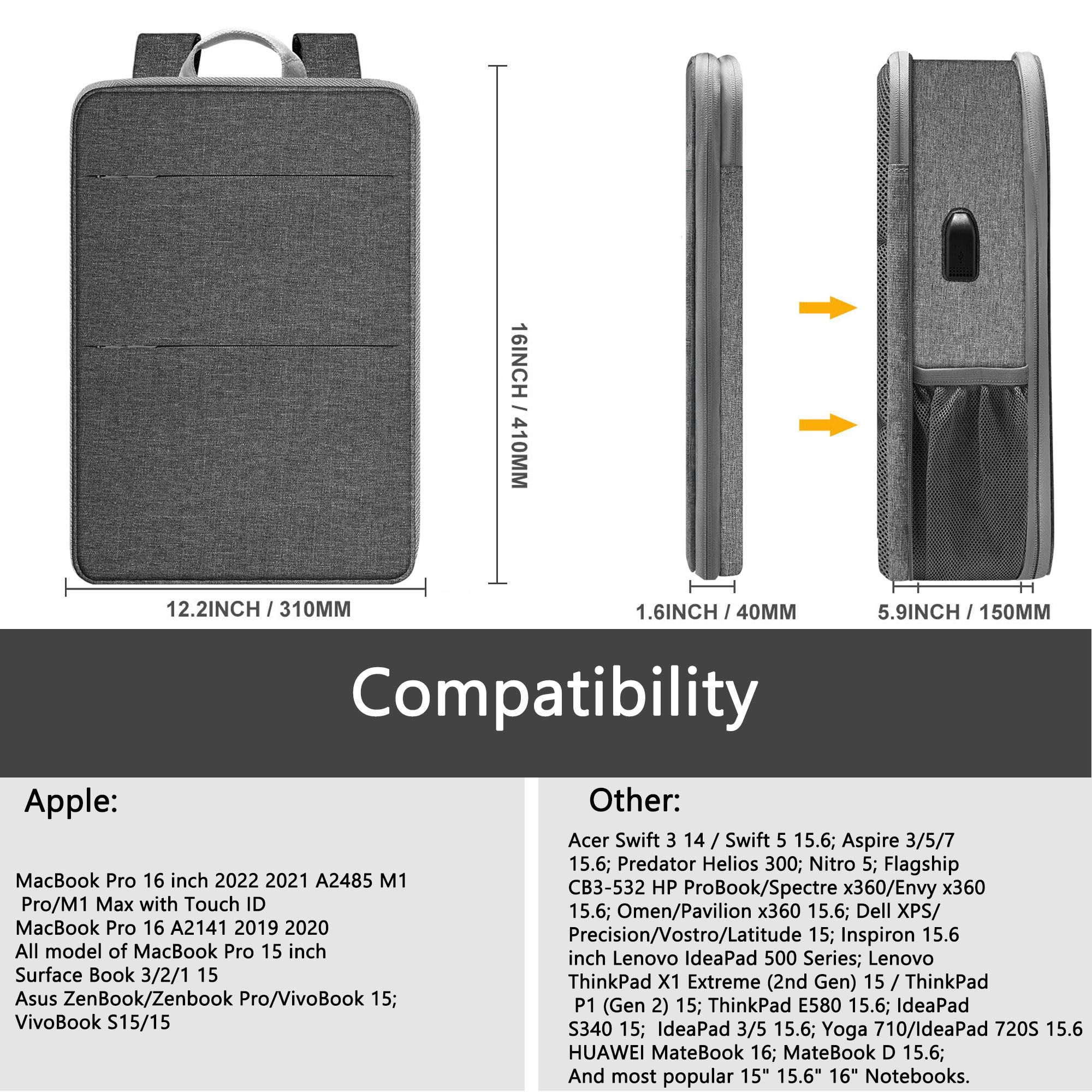 Slim & Expandable Laptop Backpack 15 15.6 16 Inch Sleeve with USB Port, Spill-Resistant Notebooks Bag Case for Most 14-16 Inch MacBooks Surface-Books Dell HP Lenovo Asus Computers, Dark Gray
