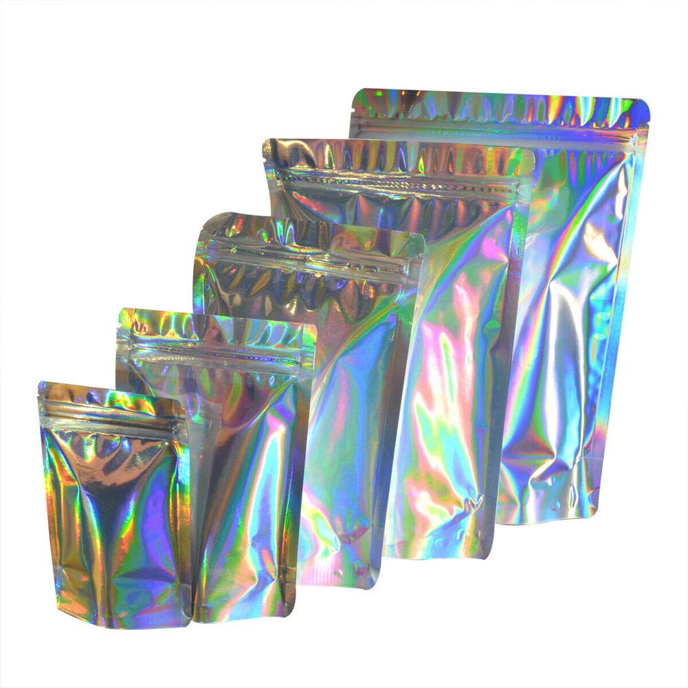 100Pcs Stand Up Holographic Reclosable Zip Lock Bags Heat Sealable Aluminum Foil Plastic Pouch Food Storage Coffee Snack Bag Colored Retail Sample Bag Silver 5.5×7.9in (14×20cm)