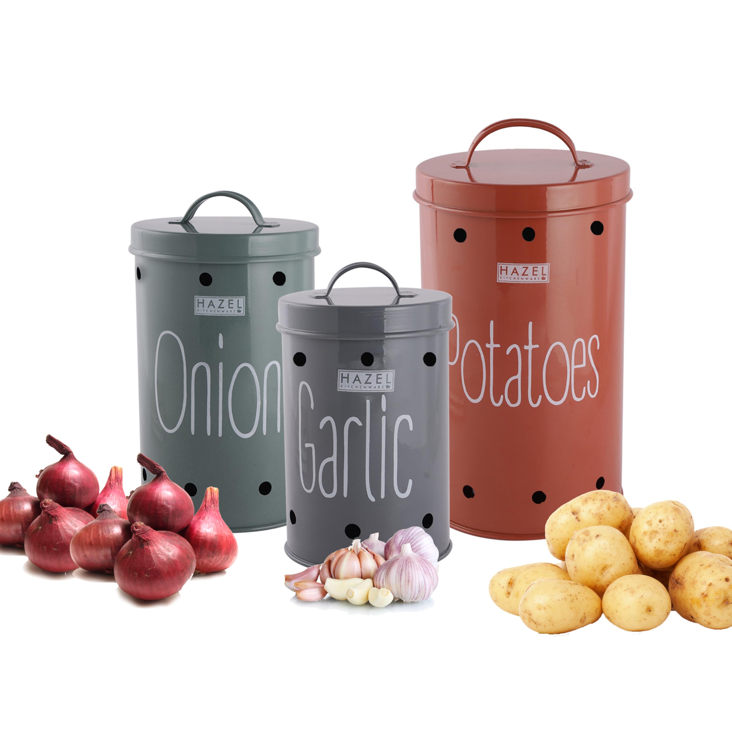 Hazel Onion, Potato and Garlic Storage Kitchen Container Set of 3 with Lid | Food Grade Storage Container | Versatile Kitchen Storage Solution
