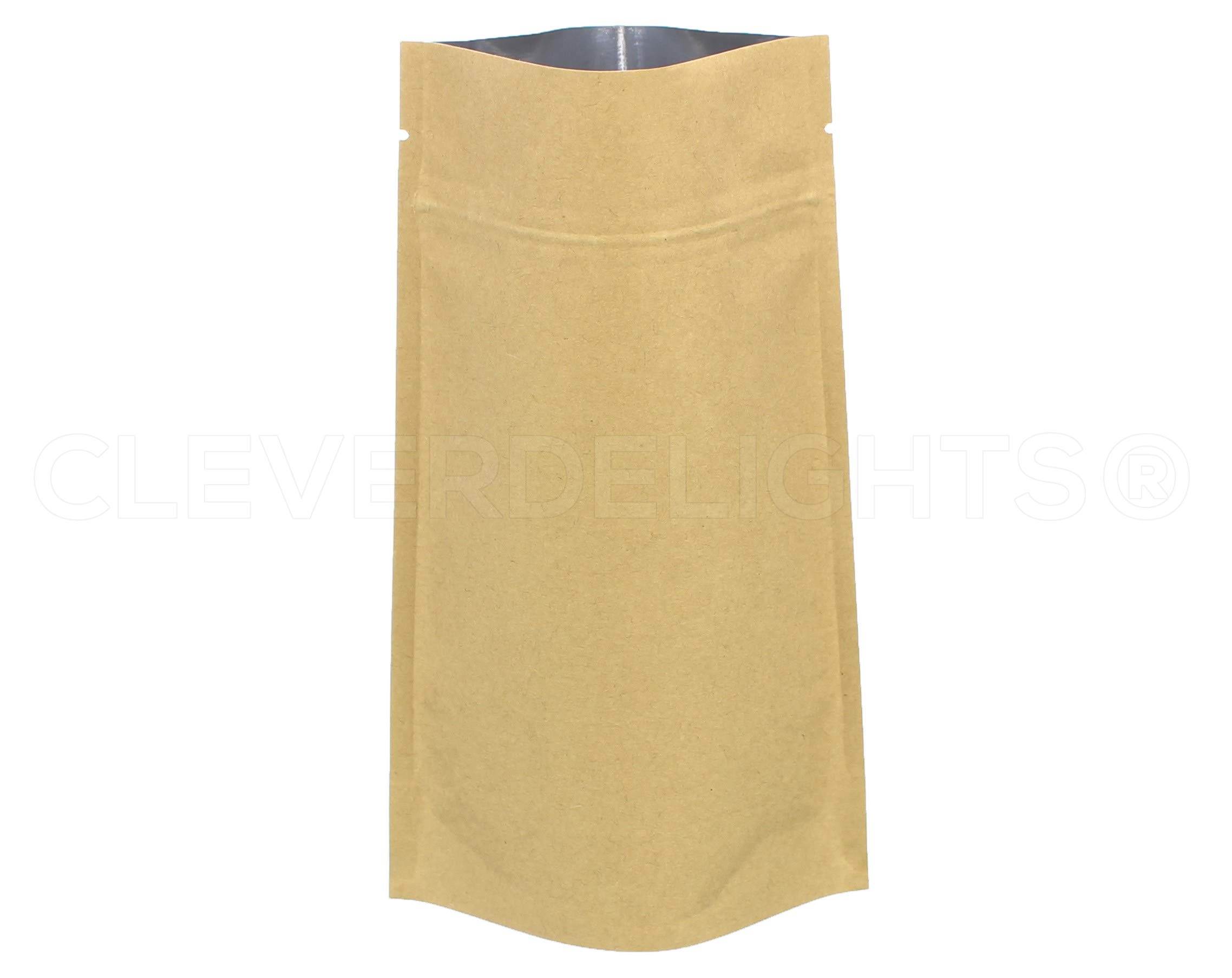CleverDelights Kraft Stand Up Pouches - 4oz - 100 Pack - 5" x 8" x 2.5" - Resealable Bag