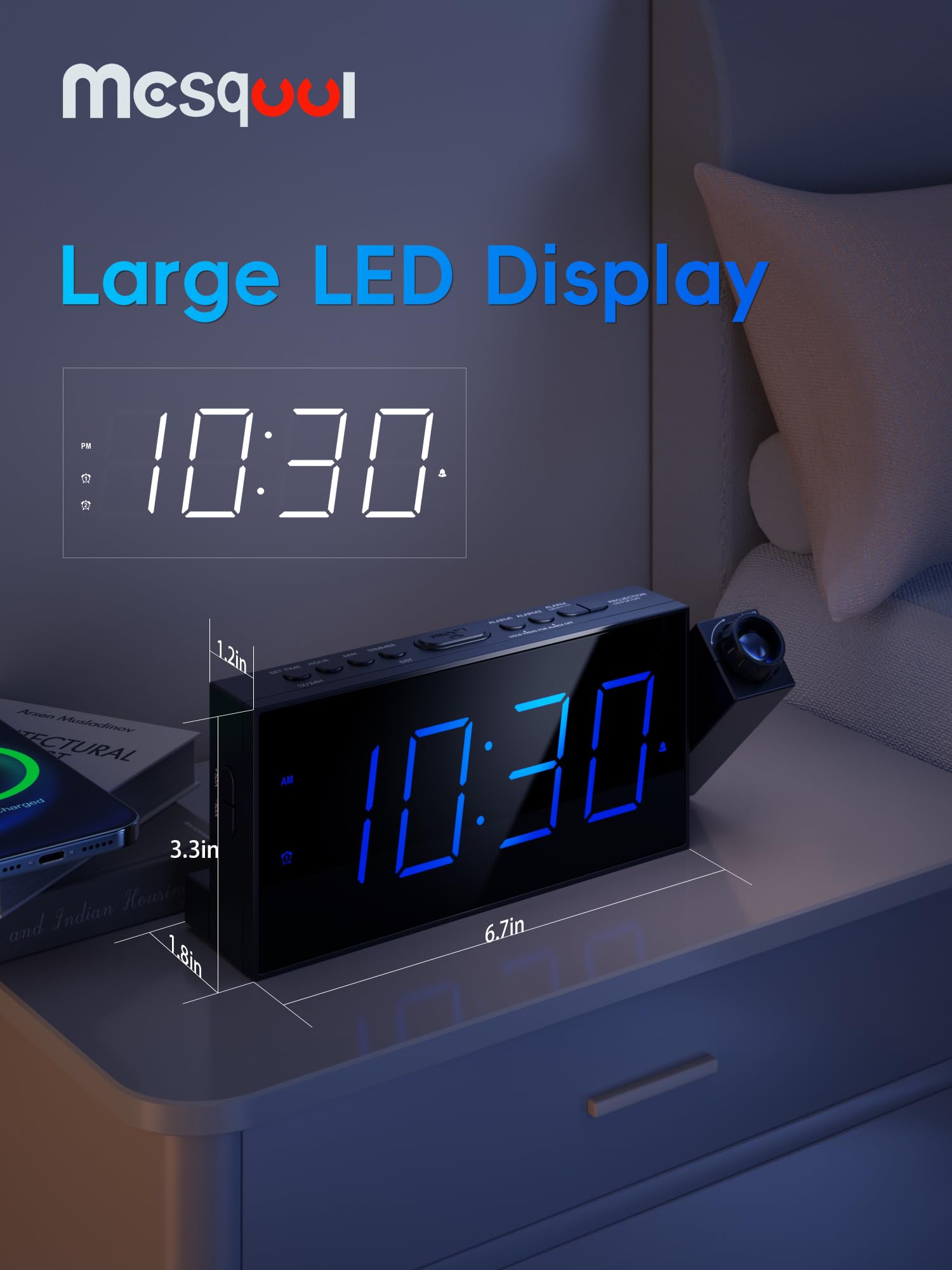 Digital Projection Alarm Clock for Bedroom, Large LED Alarm Clock with Projection on Ceiling Wall, 350°Projector,Dimmer,USB Charger, Battery Backup Loud Dual Alarm Clock for Heavy Sleeper Kids Elderly