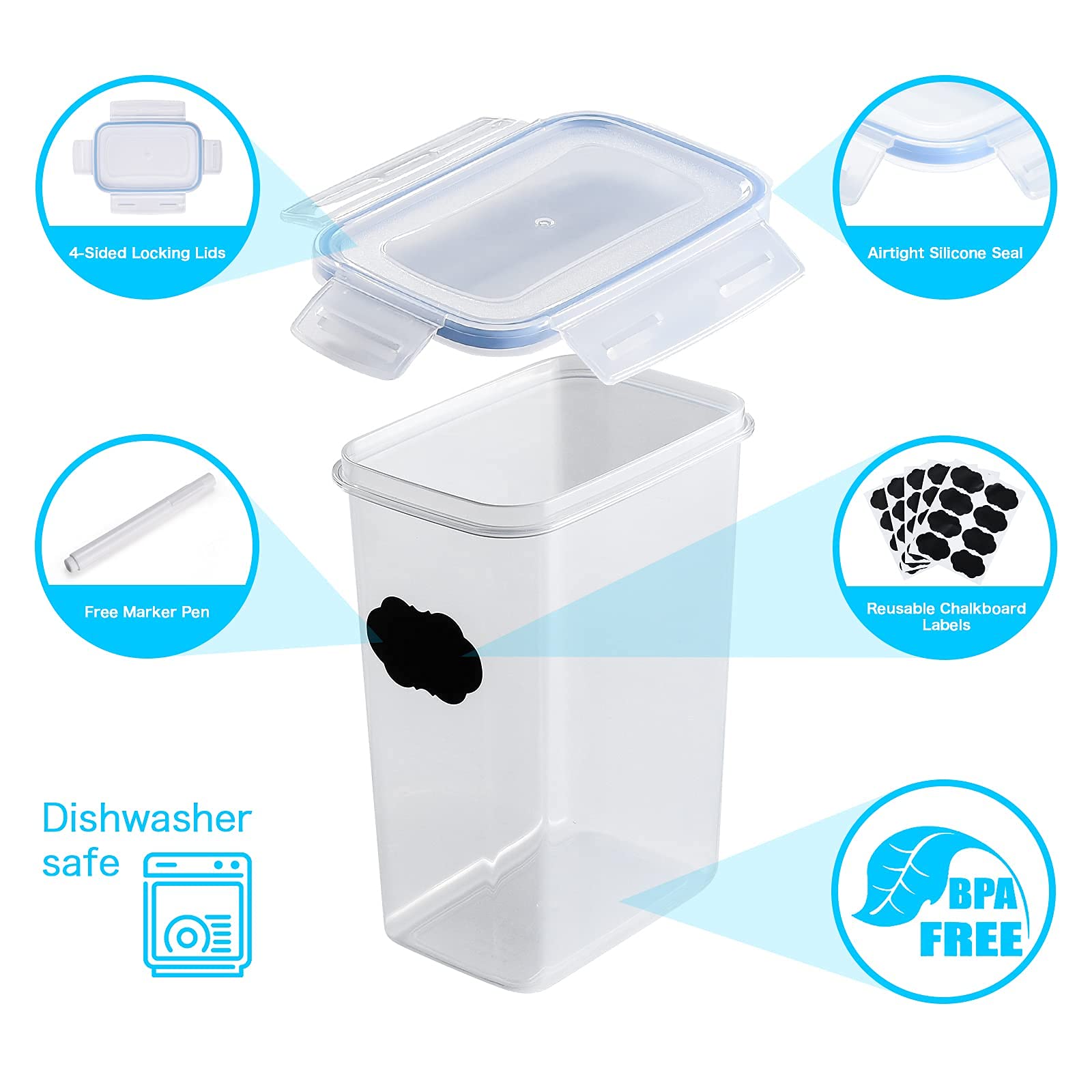 Eocooyar Airtight Food Storage Containers Set-16 PCS-Plastic BPA Free Kitchen Pantry Organization Storage Containers with Lids for Cereal, Flour and Sugar, Include Labels and Marker, Blue
