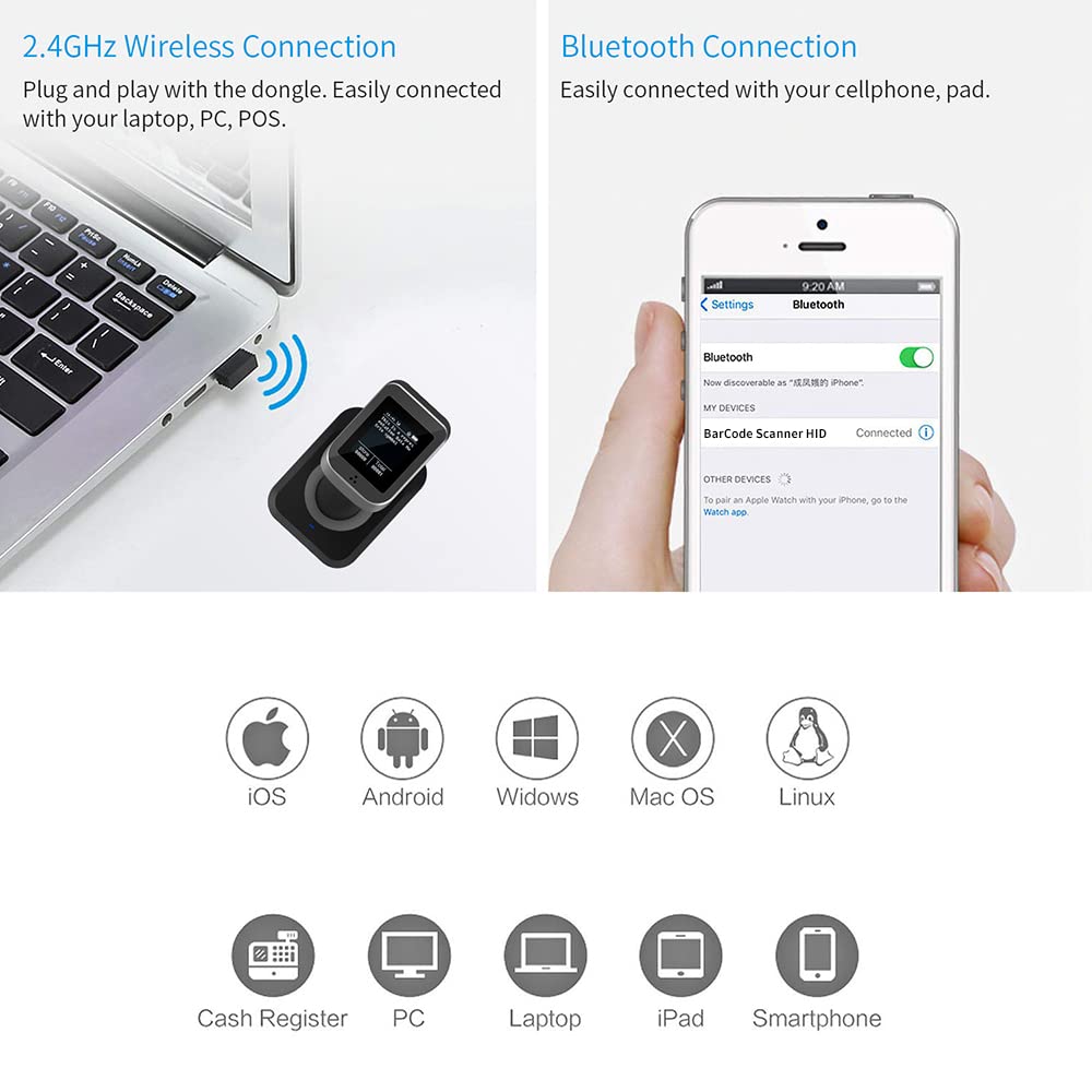 Symcode 2D QR Bluetooth Barcode Scanner with Screen Display with Charging Base,3 in 1 Compatible with Bluetooth & 2.4GHz Wireless & Wired Connection with 1.8 inch TFT Color LCD Screen