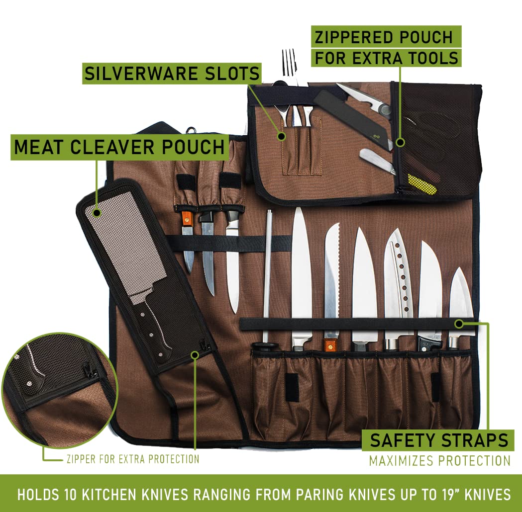 EVERPRIDE Chef Knife Roll Bag Holds 10 Knives β Contains 2 Large Zippered Pockets for Meat Cleavers and Cooking Tools β Durable Knife Carrier Case for Chefs and Culinary Students β Knives Not Included