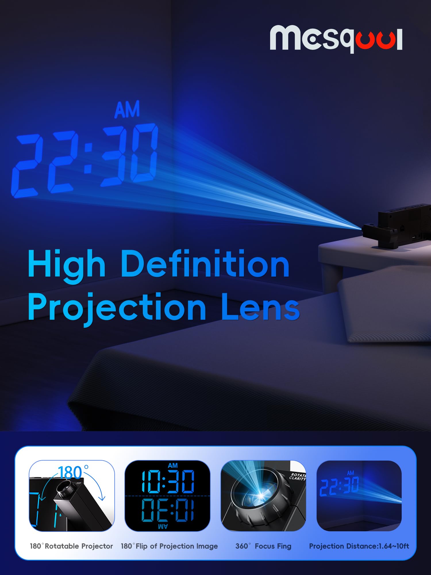 Digital Projection Alarm Clock for Bedroom, Large LED Alarm Clock with Projection on Ceiling Wall, 350°Projector,Dimmer,USB Charger, Battery Backup Loud Dual Alarm Clock for Heavy Sleeper Kids Elderly