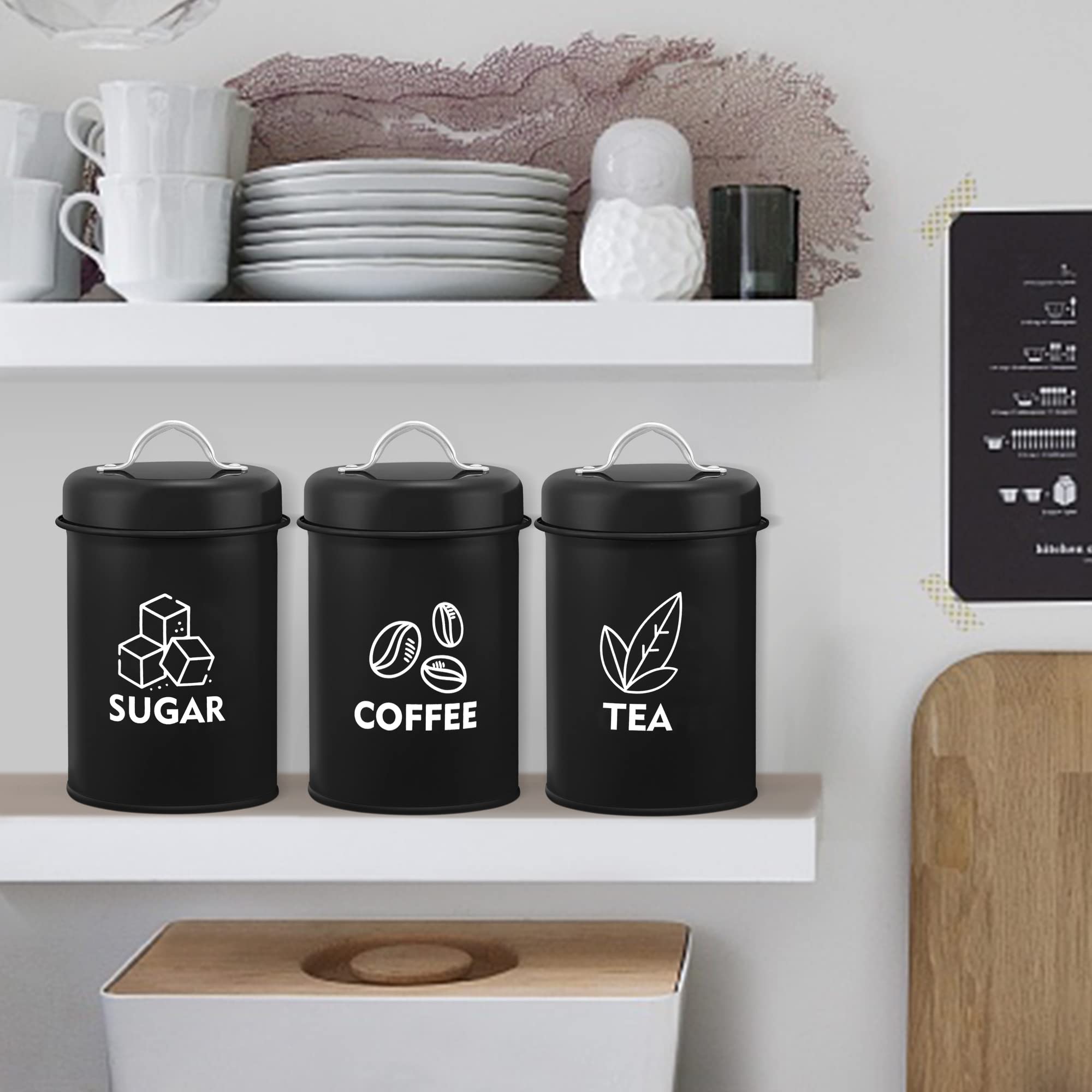 LIANYU 8 Piece Canister for Kitchen Counter, Large Food Kitchen Coffee Tea Sugar Metal Canisters Set with Spoons, Rustic Farmhouse Storage Set, Black