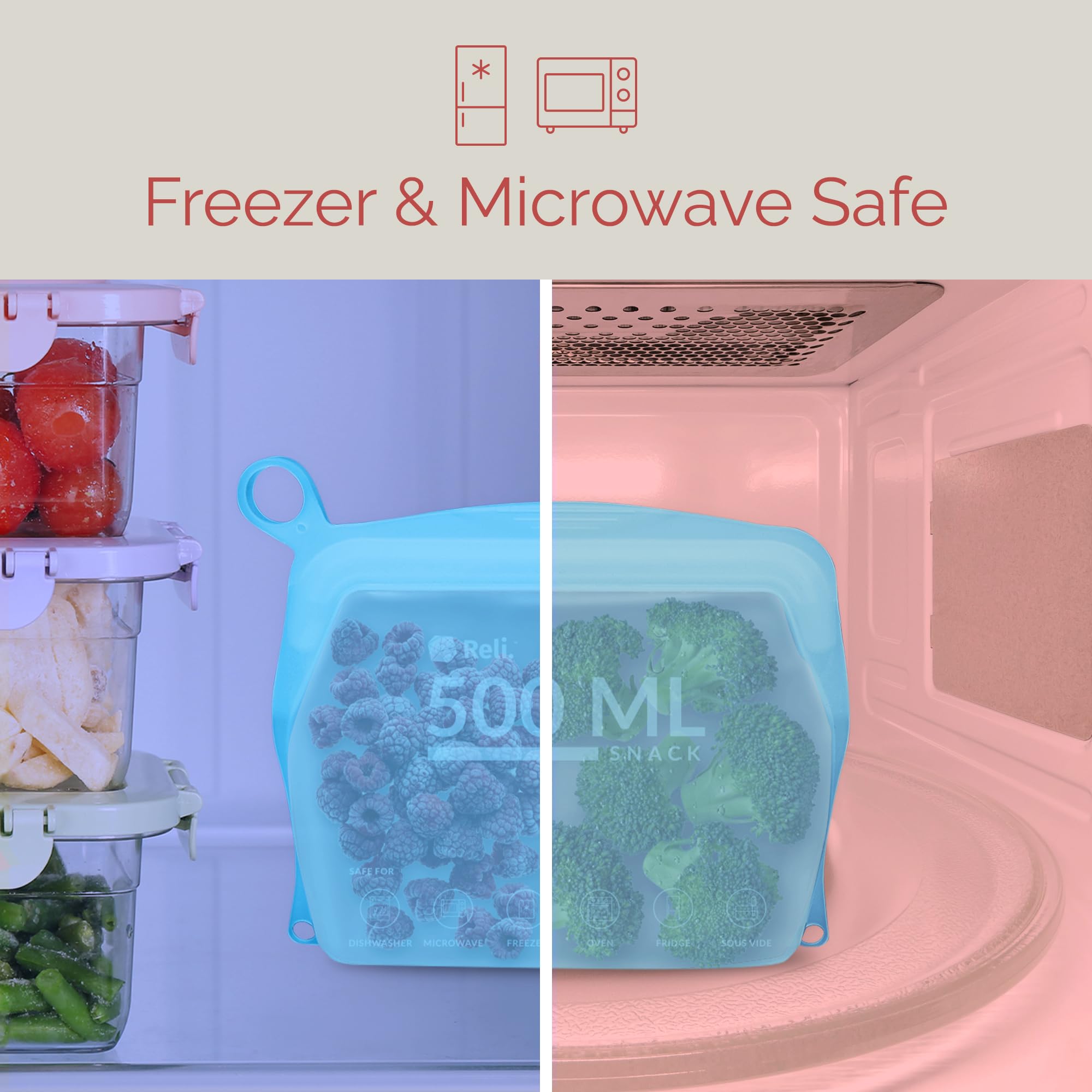 Reli. Reusable Silicone Bags (2 Pack) | Snack (500 ml) - Aqua | Silicone Bags for Food Storage | Small Reusable Food Storage for Meal Prep, Lunch Boxes | Leak-Proof, Dishwasher/Freezer Safe