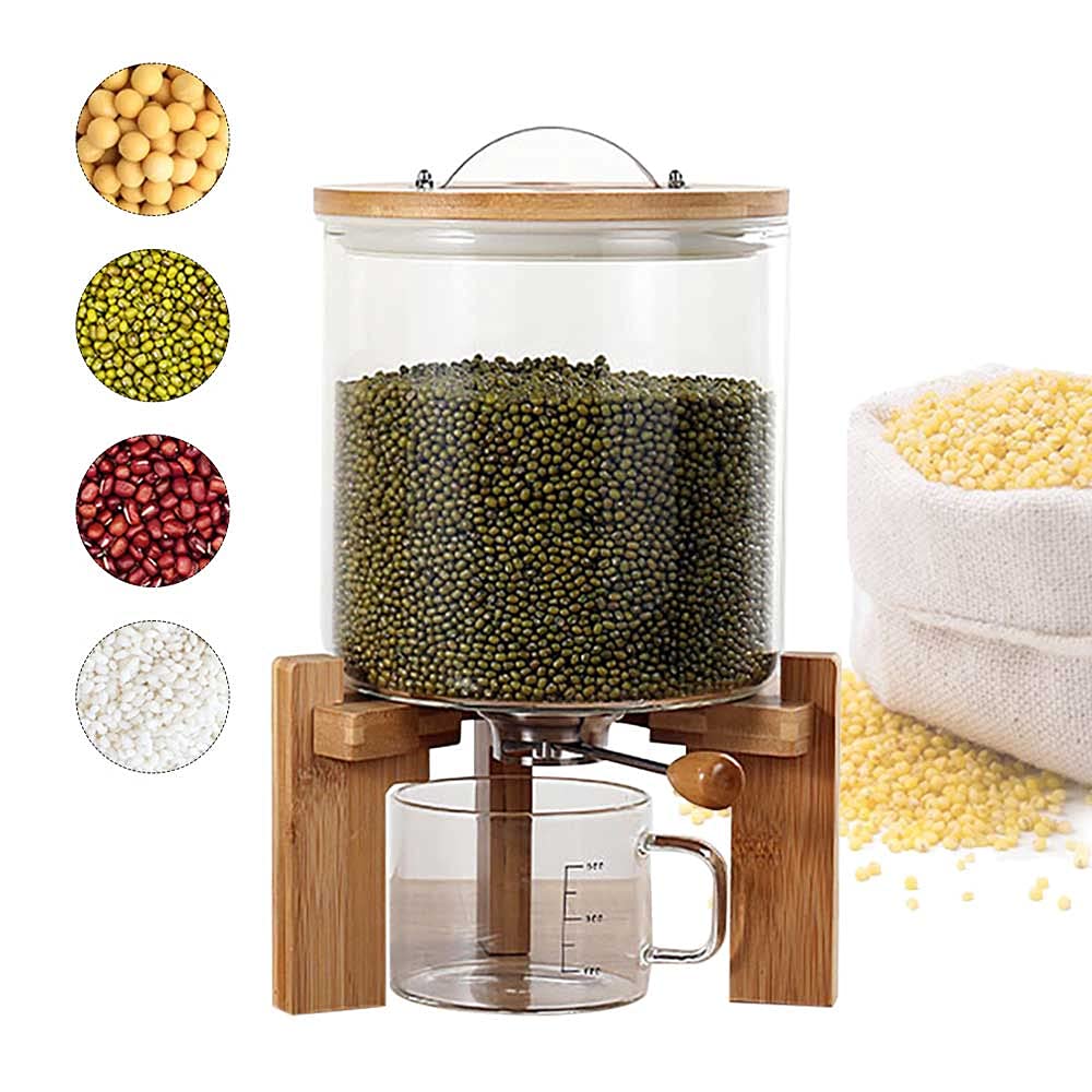 PIOJNYEN Rice Dispenser, Food Storage Containers, Glass Grain Container with Airtight Bamboo Lids & Wooden Stand, Rice Container Cereal Dispenser Bucket for Kitchen Soybean Corn (Style 11)
