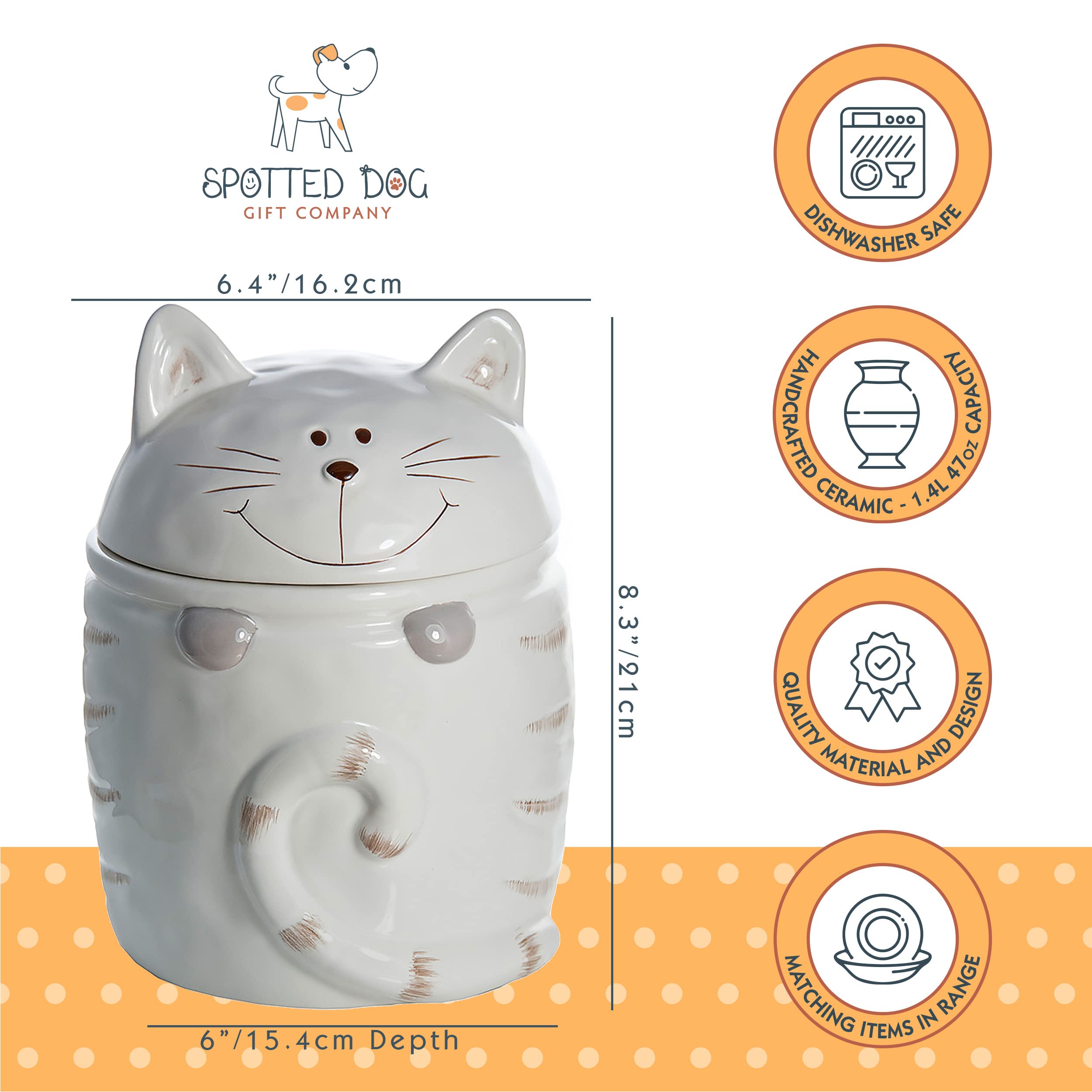 SPOTTED DOG GIFT COMPANY Cat Cookie Jar with Lid, Ceramic Kitchen Canister for Countertop, Cute Novelty Food Storage Container, Cat Kitchen Accessories Decor Gifts for Cat Lovers, White 47oz