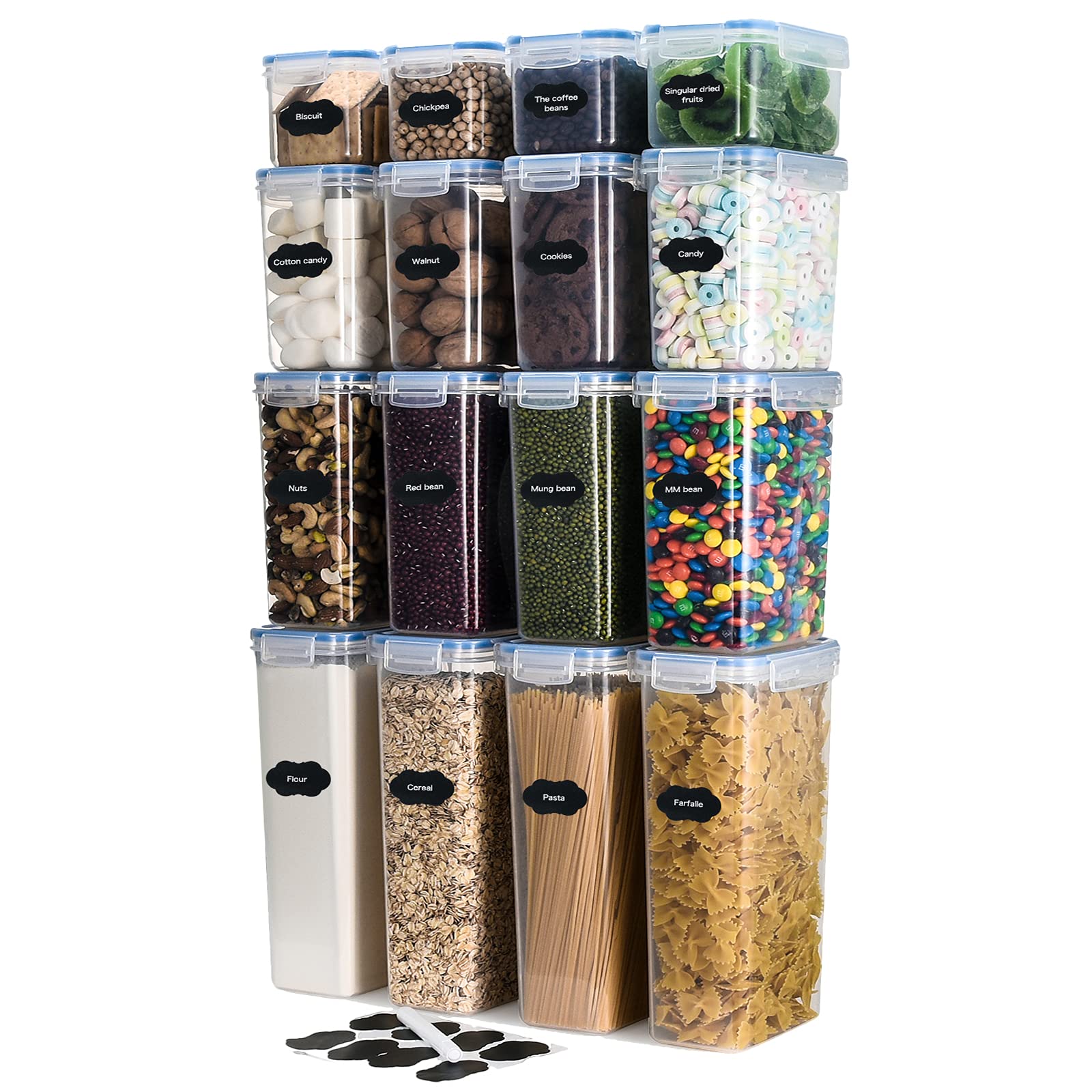 Eocooyar Airtight Food Storage Containers Set-16 PCS-Plastic BPA Free Kitchen Pantry Organization Storage Containers with Lids for Cereal, Flour and Sugar, Include Labels and Marker, Blue