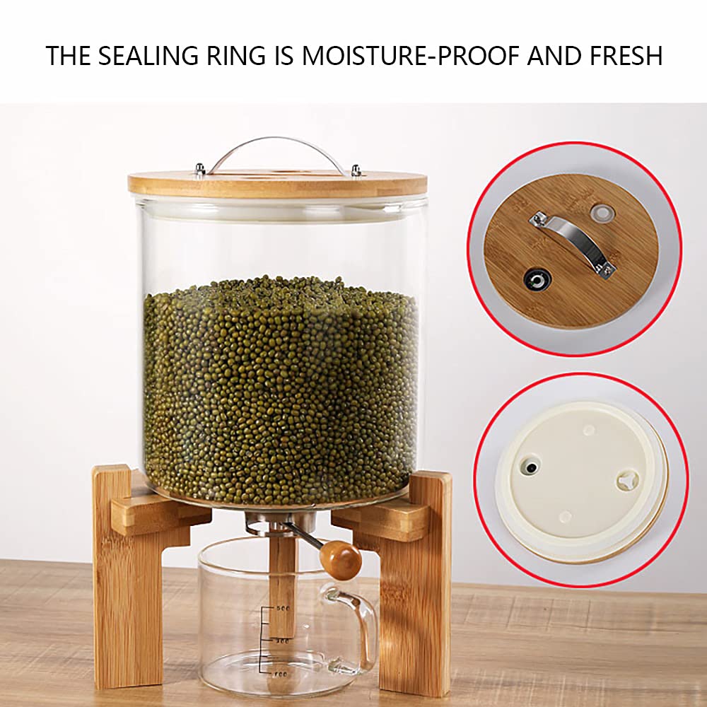 PIOJNYEN Rice Dispenser, Food Storage Containers, Glass Grain Container with Airtight Bamboo Lids & Wooden Stand, Rice Container Cereal Dispenser Bucket for Kitchen Soybean Corn (Style 11)