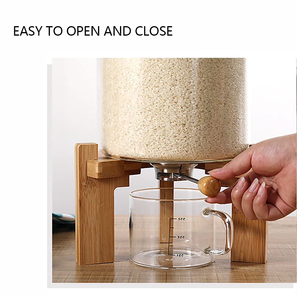 PIOJNYEN Rice Dispenser, Food Storage Containers, Glass Grain Container with Airtight Bamboo Lids & Wooden Stand, Rice Container Cereal Dispenser Bucket for Kitchen Soybean Corn (Style 11)