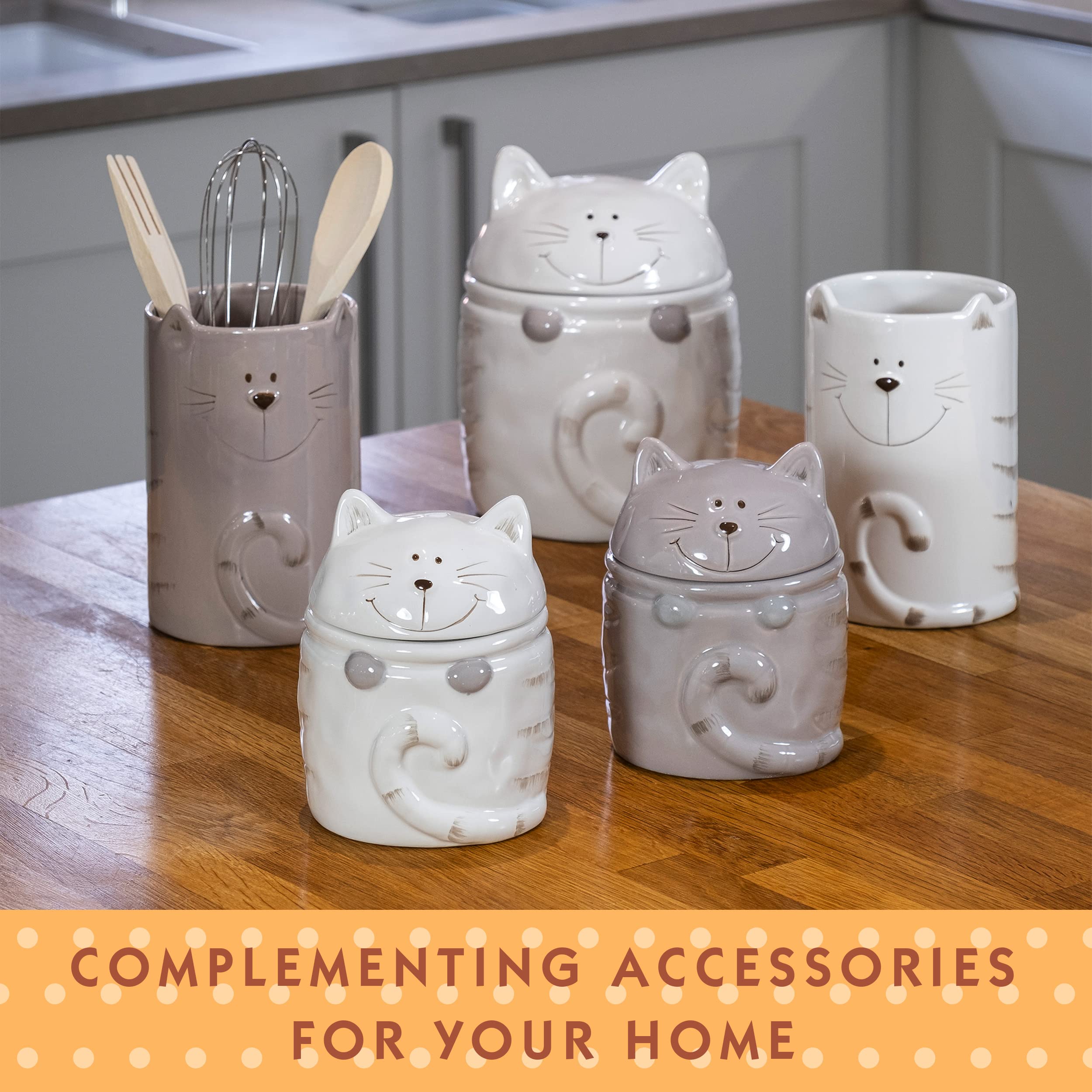 SPOTTED DOG GIFT COMPANY Cat Cookie Jar with Lid, Ceramic Kitchen Canister for Countertop, Cute Novelty Food Storage Container, Cat Kitchen Accessories Decor Gifts for Cat Lovers, White 47oz