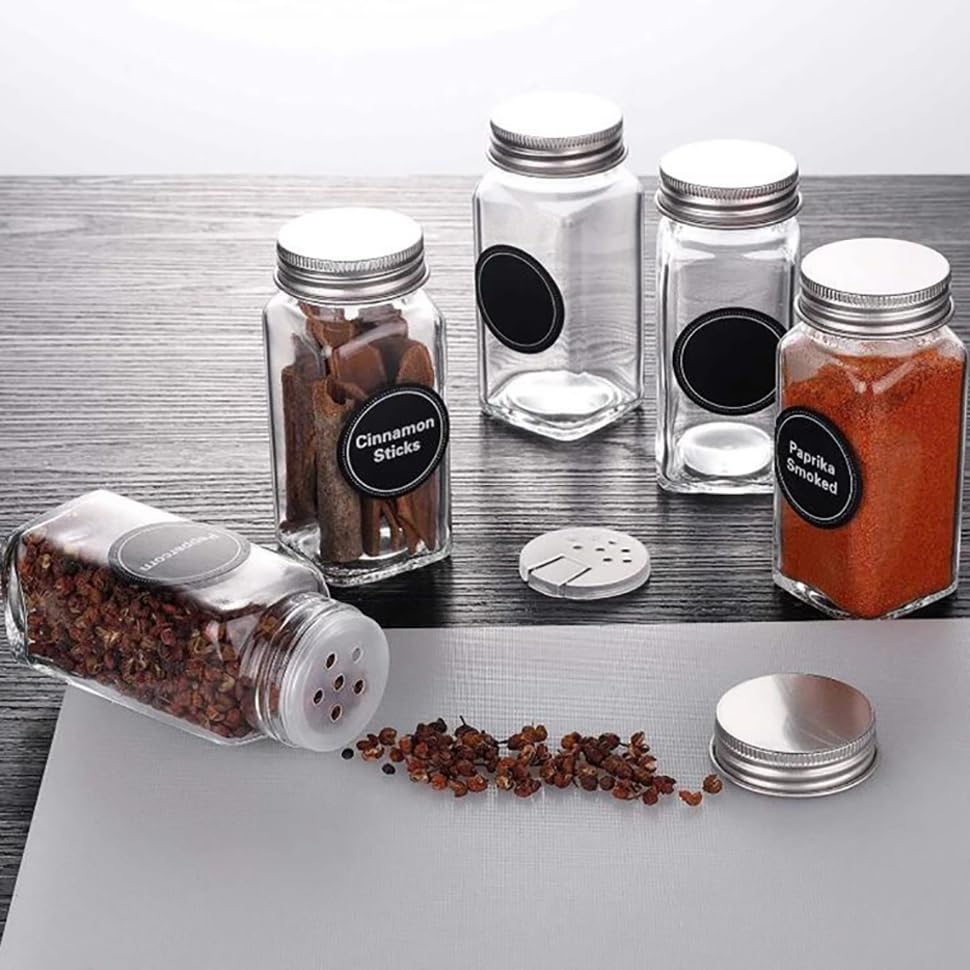 WUWEOT 24 Pack Plastic Spice Jars, 4 oz Spice Bottle Square Seasoning Containers, Reusable Salt Pepper Shaker with Airtight Lid Labels and Funnel for Spice, Herbs, Powder and Glitters