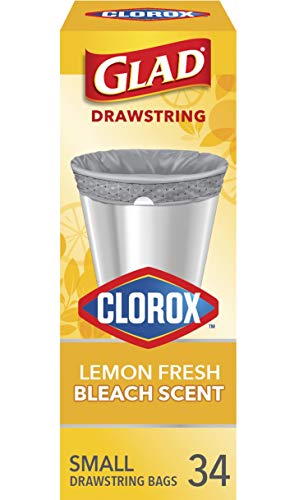 Glad Small Drawstring Trash Bags with Clorox, 4 Gallon Grey Trash Bags, Lemon Fresh Bleach Scent, 34 Count (Package May Vary)