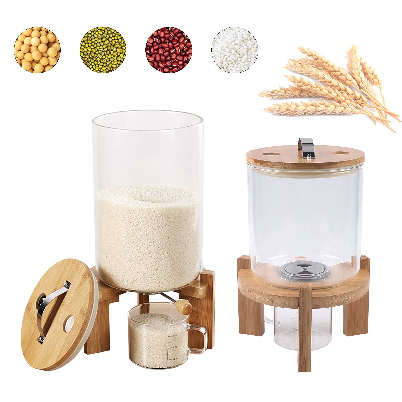 PIOJNYEN Rice Dispenser, Food Storage Containers, Glass Grain Container with Airtight Bamboo Lids & Wooden Stand, Rice Container Cereal Dispenser Bucket for Kitchen Soybean Corn (Style 11)