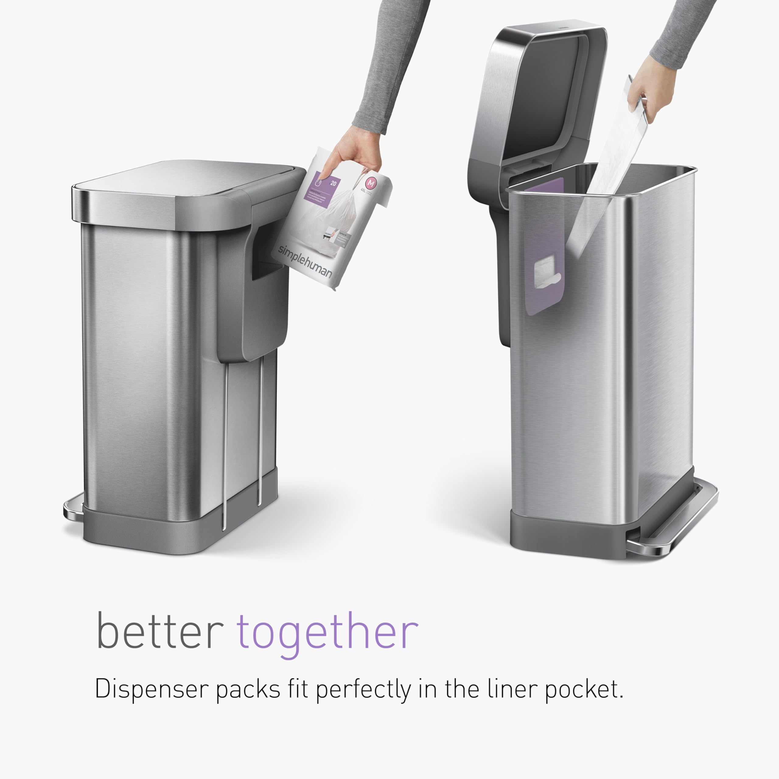 simplehuman 58 Liter / 15.3 Gallon Rectangular Hands-Free Dual Compartment Recycling Kitchen Step Trash Can with Soft-Close Lid, Brushed Stainless Steel