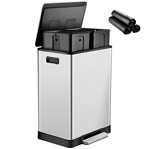 ToiletTree Products Stainless Steel Step Trash Can - 16 Gallon Garbage Bin with Soft Close Lid - Dual Compartment Waste Can with 30 Liters Capacity in Each - Recycling Bin
